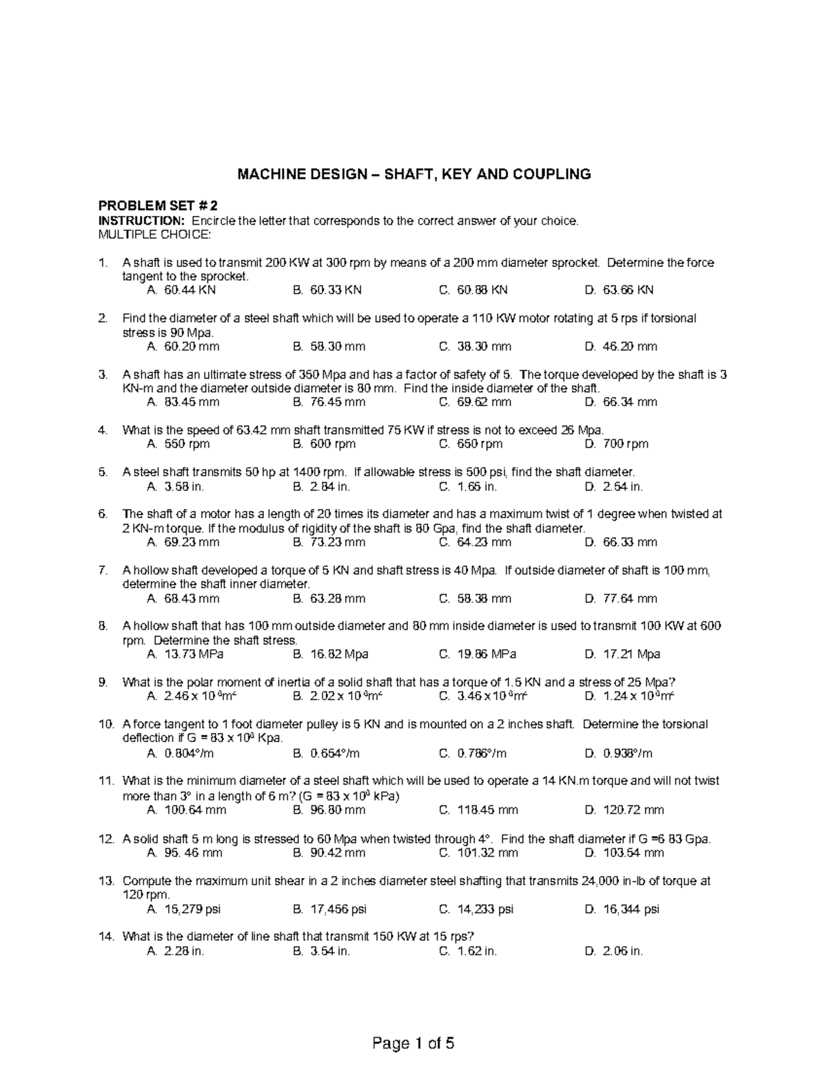 Machine Design Problem Set #2: Shaft, Key, and Coupling Analysis - Studocu