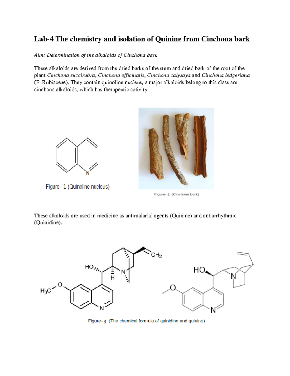Pharmacognosy lab 4 n 26 quinoline alkaloids - Lab- 4 The chemistry and ...