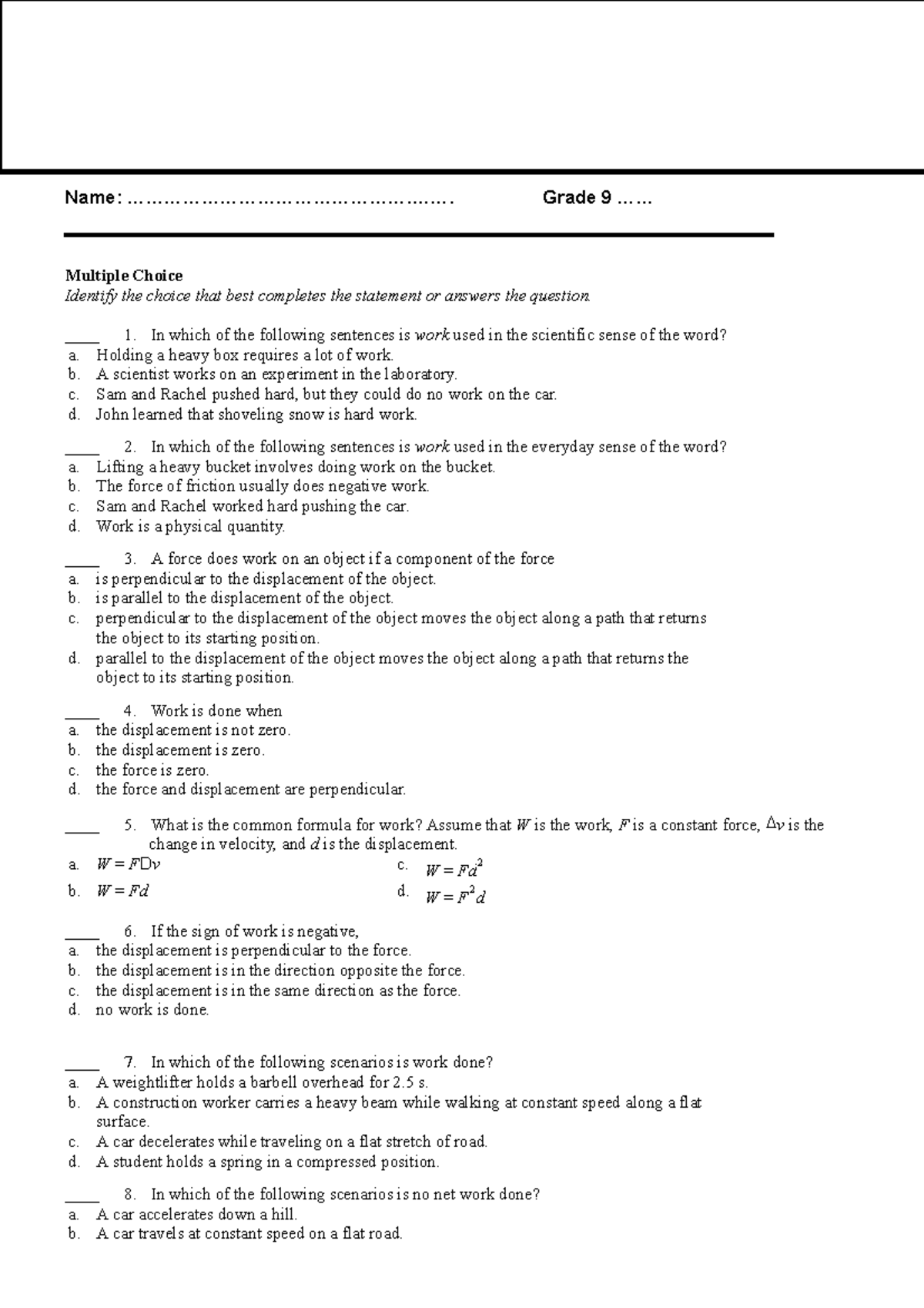 Physics (Work) worksheet - Horizon International School 2022-2023 /Term ...
