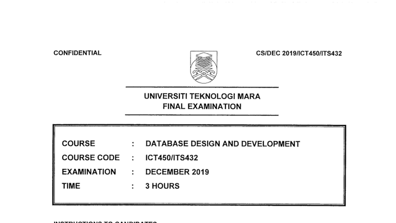 ICT450 Final Exam: Database Design & Development - Dec 2019 - Studocu