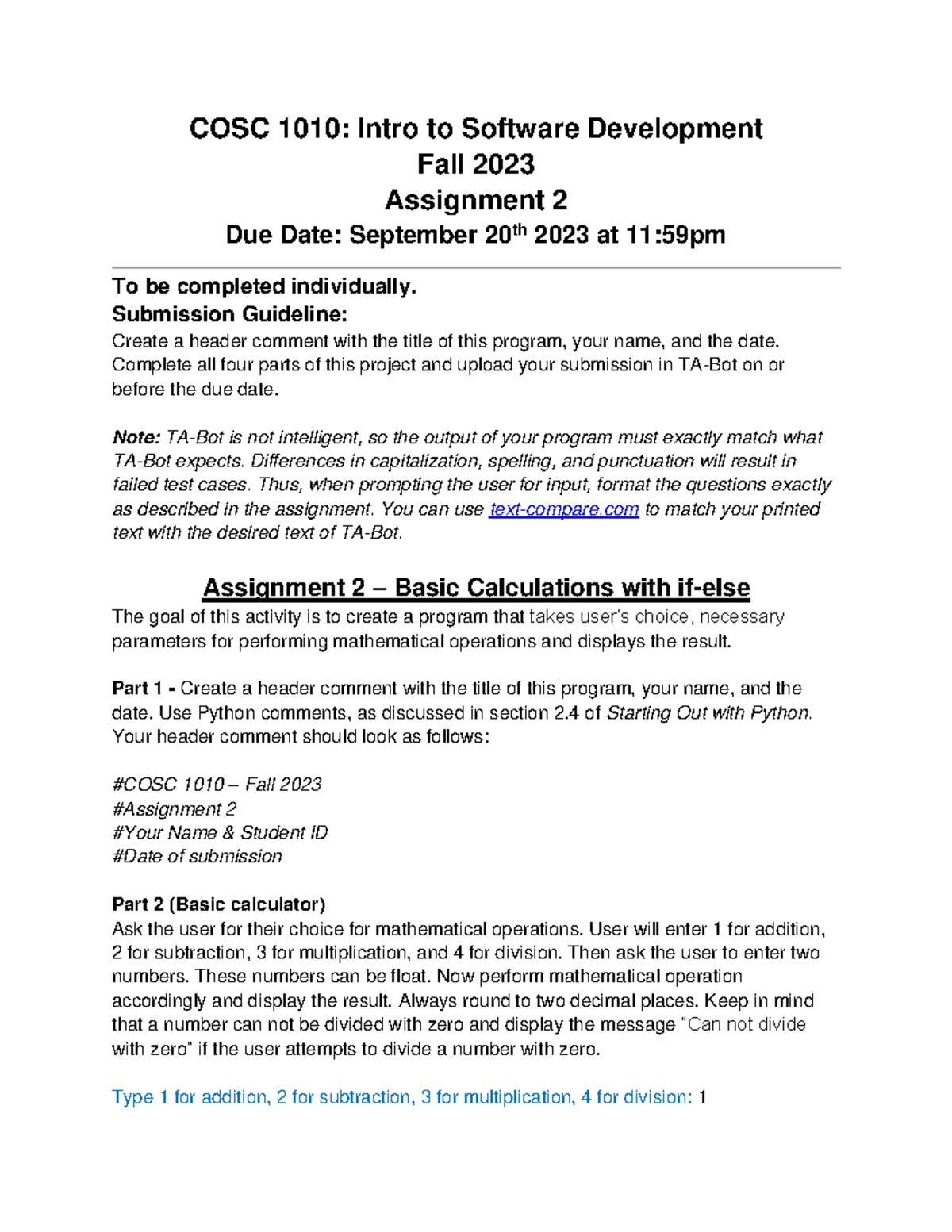 Assignment 2 - COSC 1010: Intro to Software Development Fall 2023 Assignment 2 Due Date ...