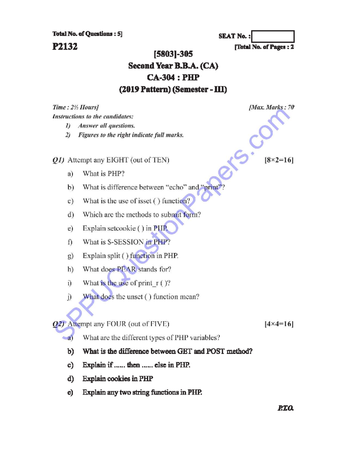 BBA-CA Semester 3 PHP Exam Questions - April 2022 (2019 Pattern) - Studocu