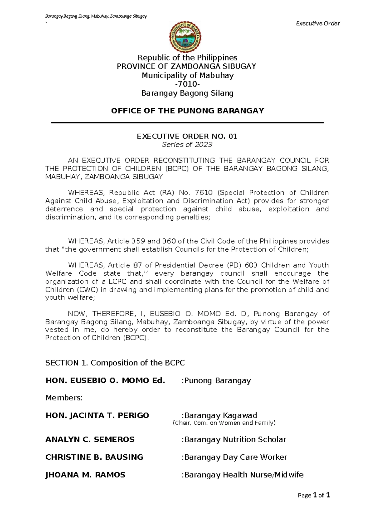 485076317 Minutes of Meetings: Peace & Order in Barangay Lupon - Studocu