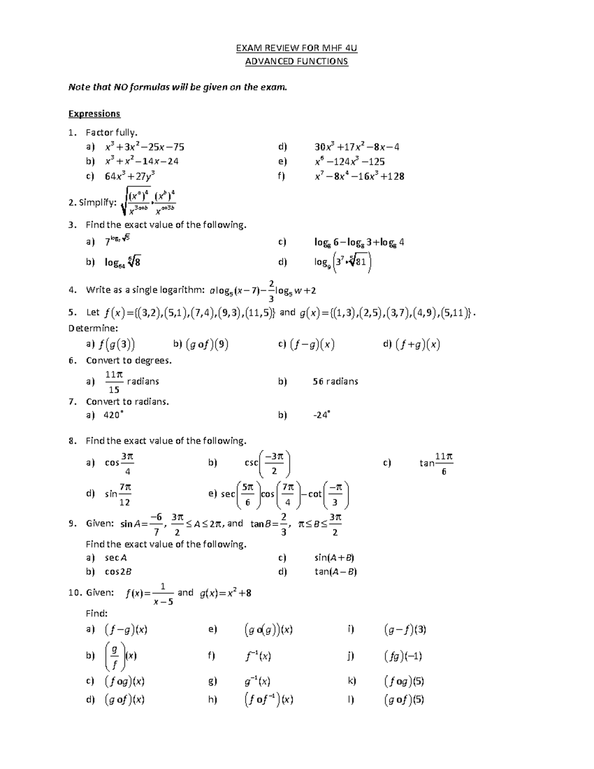 MHF 4U Final Exam Review: Advanced Functions Study Guide - Studocu