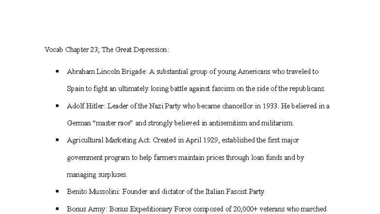 Vocab Chapter 23 USH: The Great Depression Key Terms and Definitions ...