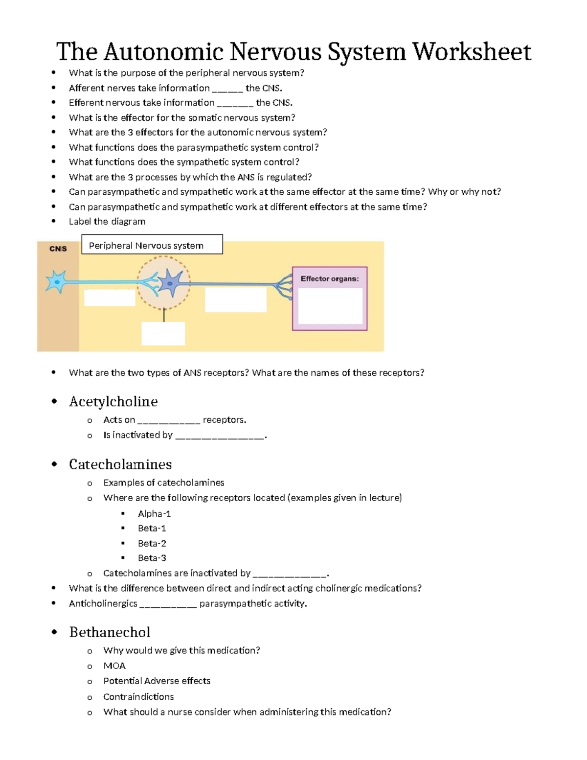 Autonomic Nervous System Worksheet for Nursing Students (NUR 101) - Studocu