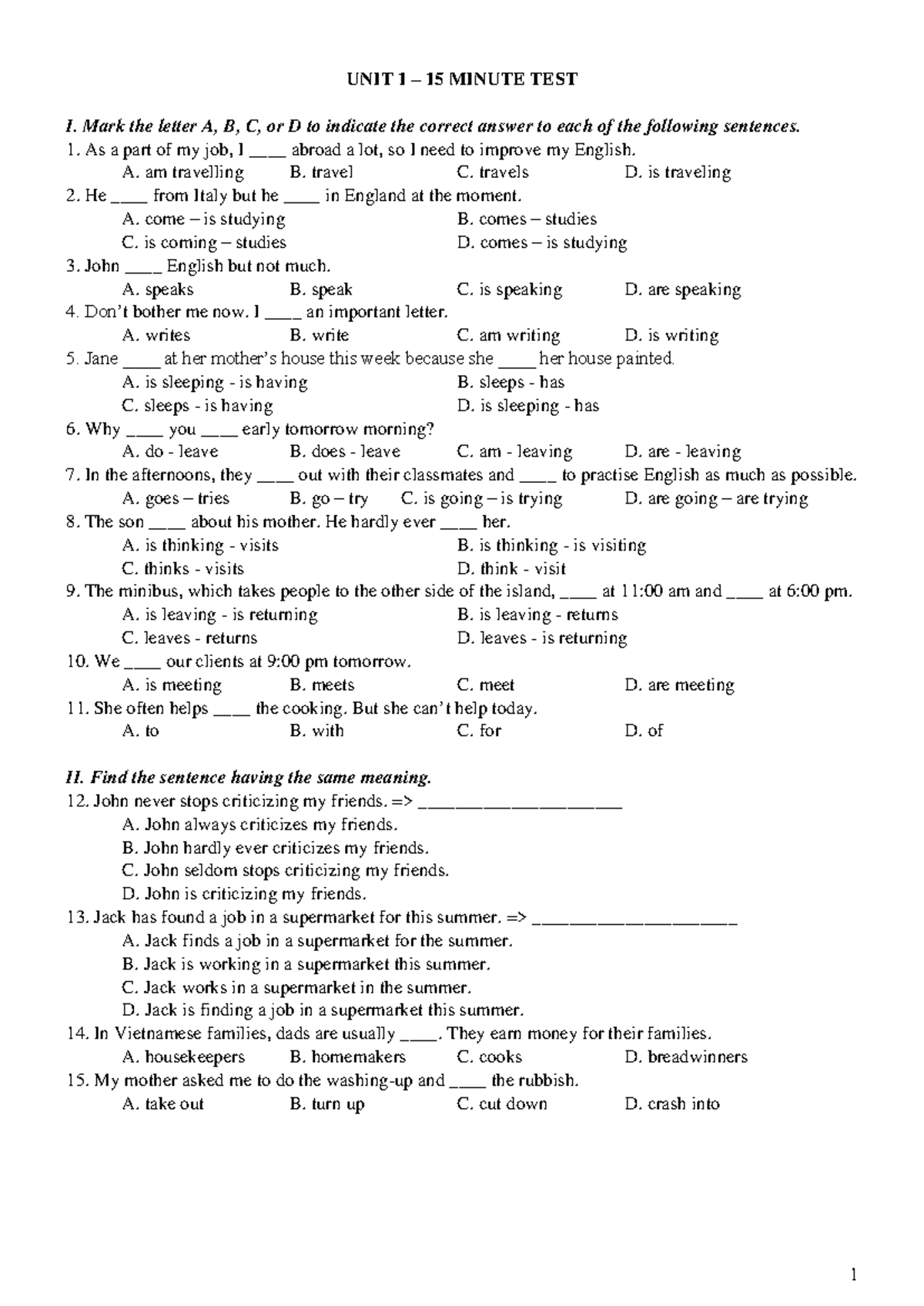 UNIT 1 - 15 MINUTE TEST REVIEW - 1719831300 - Studocu