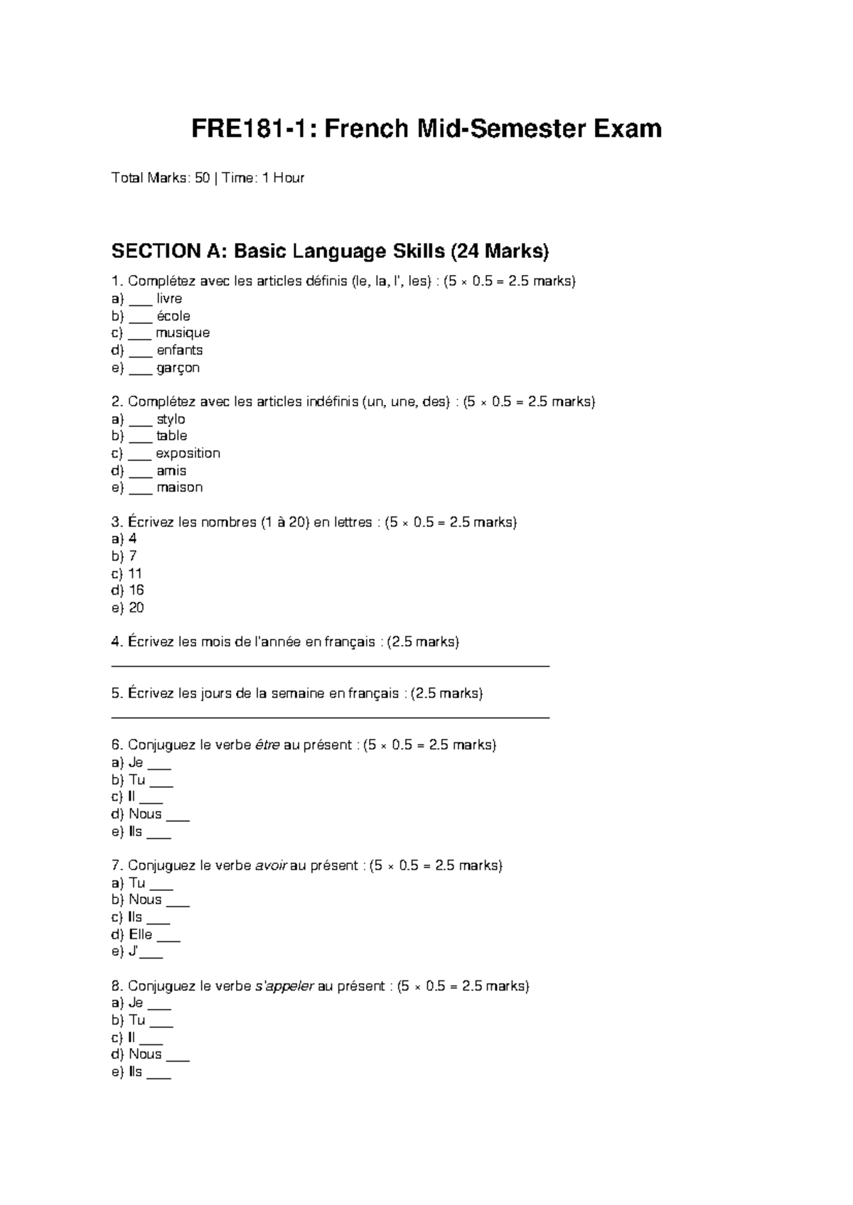 French Exam Sample Paper with Answer Key (Total Marks: 50) - Studocu