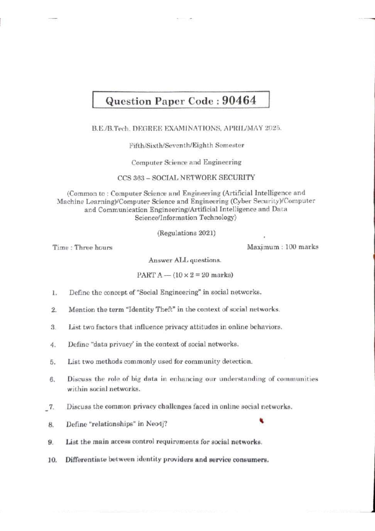 CCS 363 Social Network Security Question Paper 2025 - Degree Exams ...