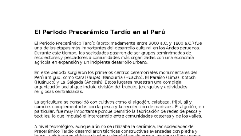 El Periodo Precerámico Tardío en el Perú: Caral y su Importancia - Studocu