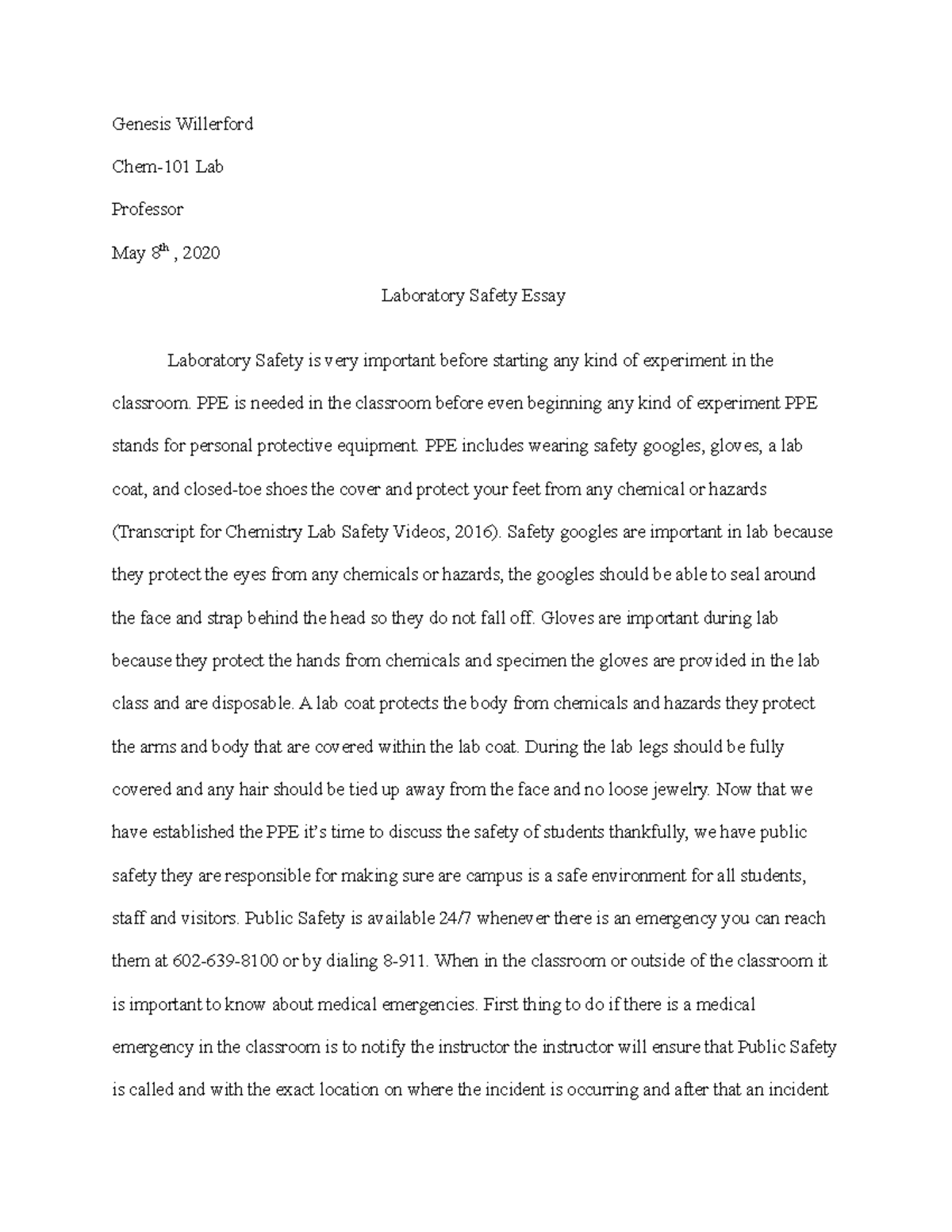 Lab Saftey Essay - Chem-101L Laboratory Safety - Genesis Willerford ...