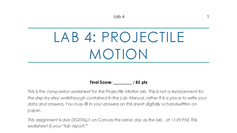 Lab 4: Projectile Motion Worksheet - Section 803 - Studocu