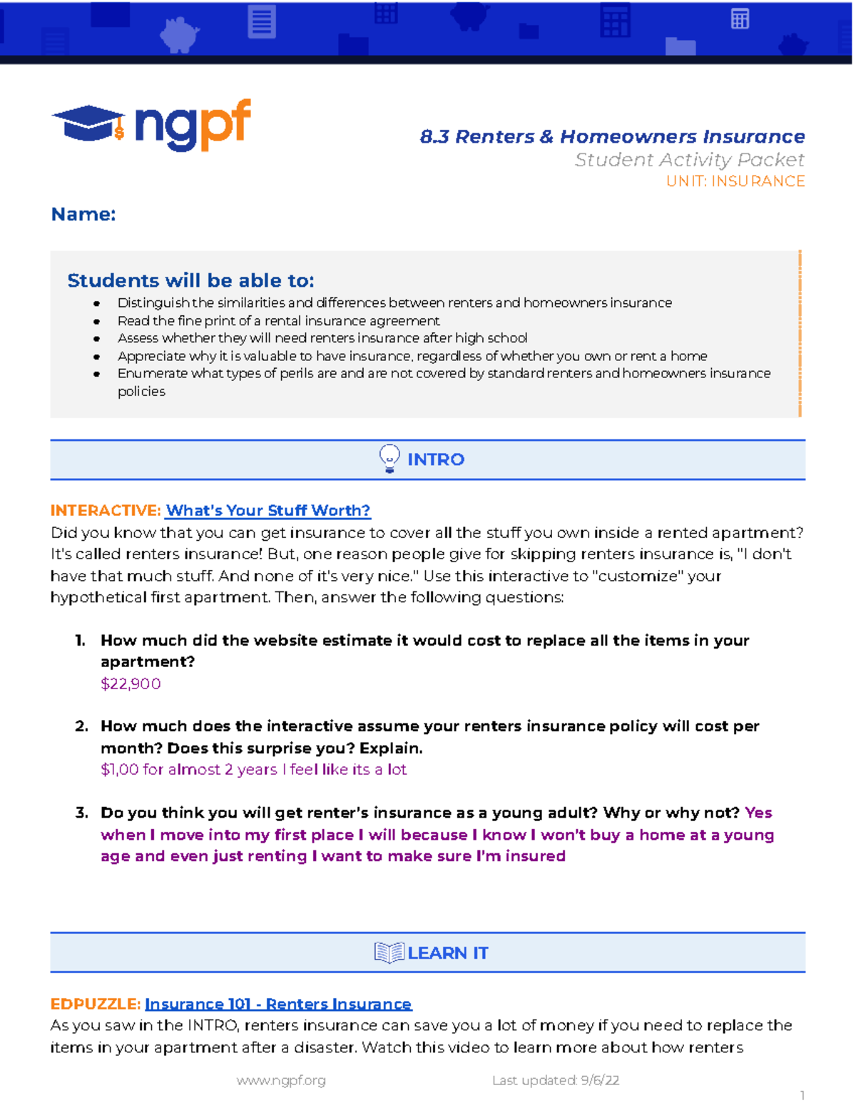 Renters & Homeowners Insurance Activity Lesson (Unit: Insurance) - Studocu