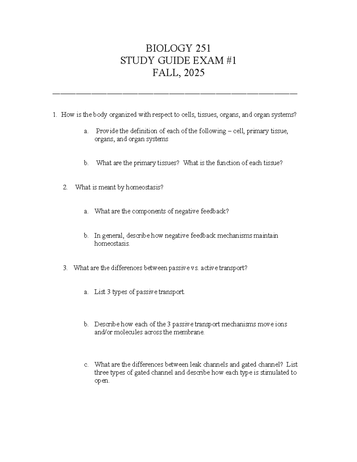 BIOLOGY 251 STUDY GUIDE FOR FALL 2025 EXAM #1 - Studocu