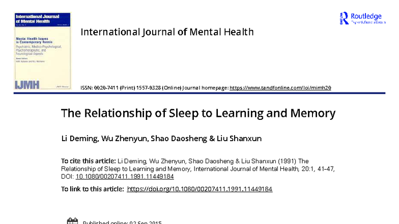 Sleep, Learning, and Memory: Insights from Research Studies - Studocu