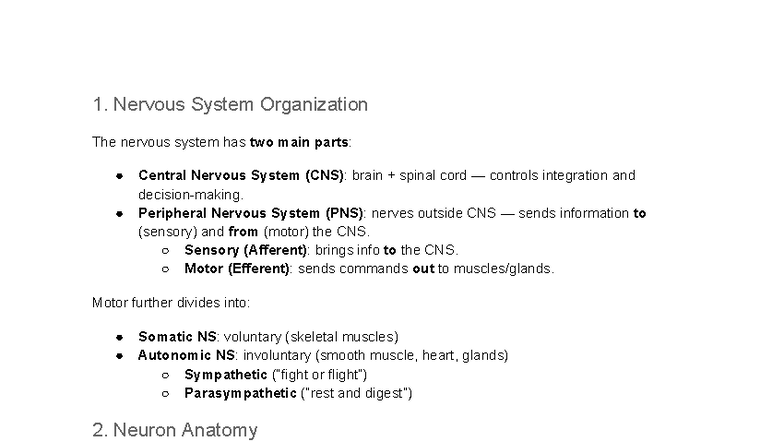 Nervous System Overview: CNS, PNS, and Key Functions (BIO 101) - Studocu