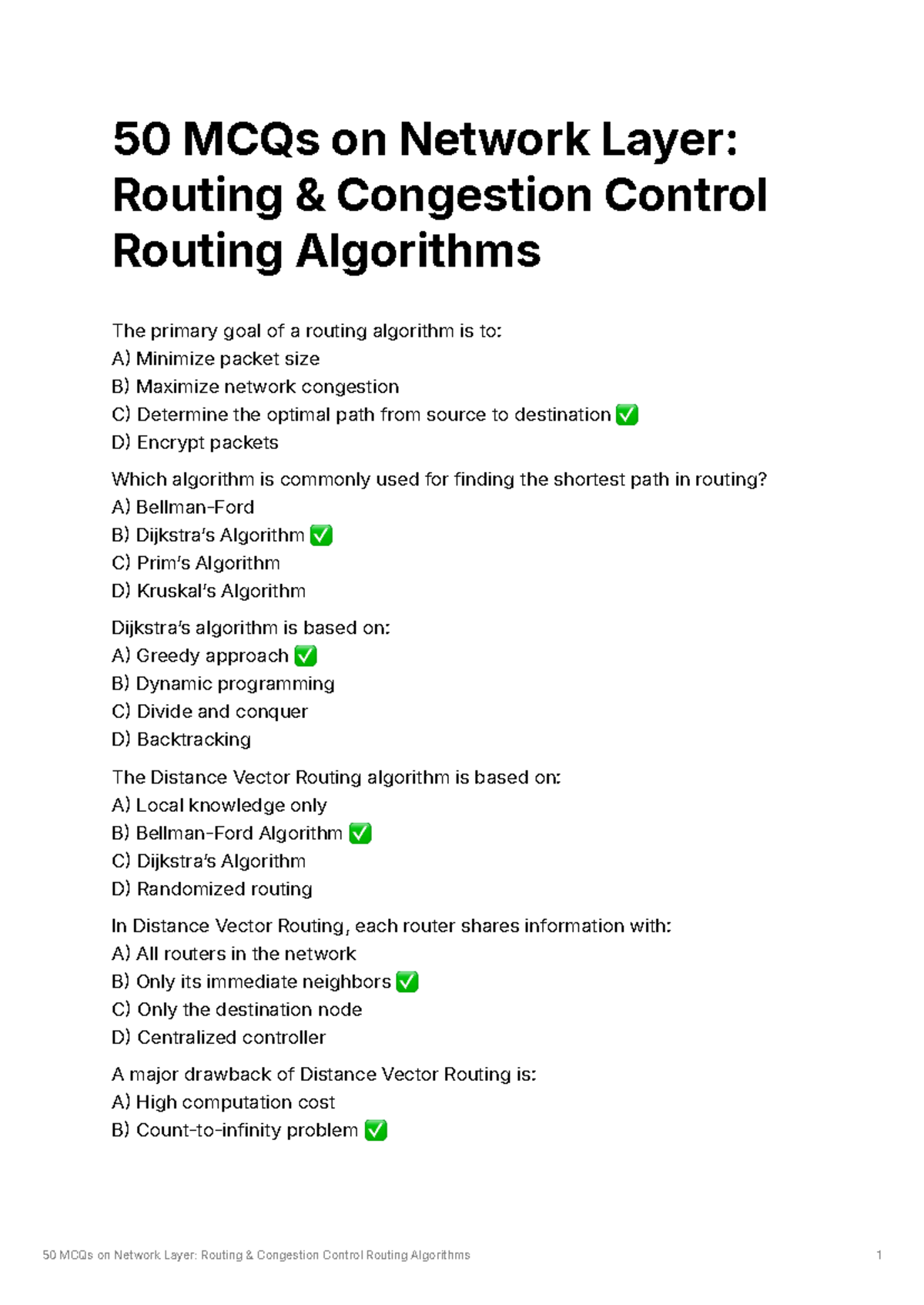 50 MCQs on Network Layer: Routing, Congestion Control & Algorithms ...