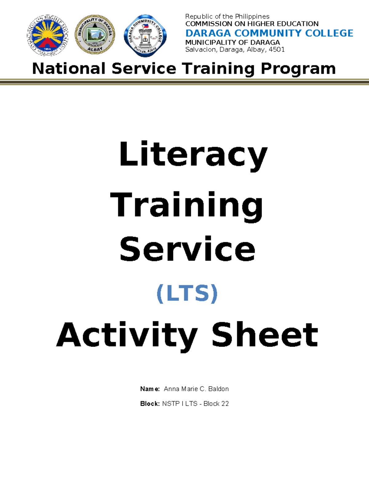 NSTP I LTS Block 22: Activities on National Security & Drug Addiction ...