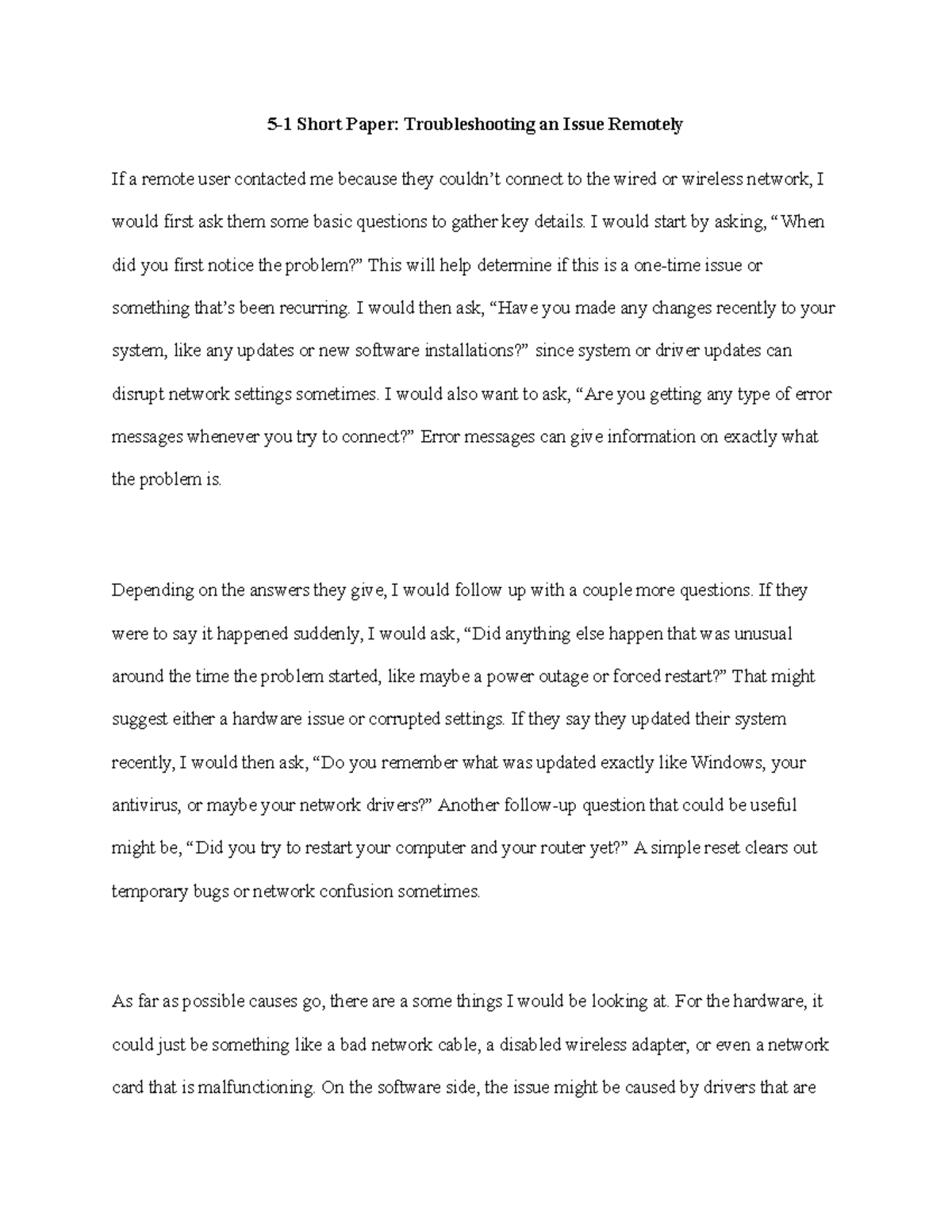 5-1 Short Paper: Remote Network Troubleshooting Techniques - Studocu