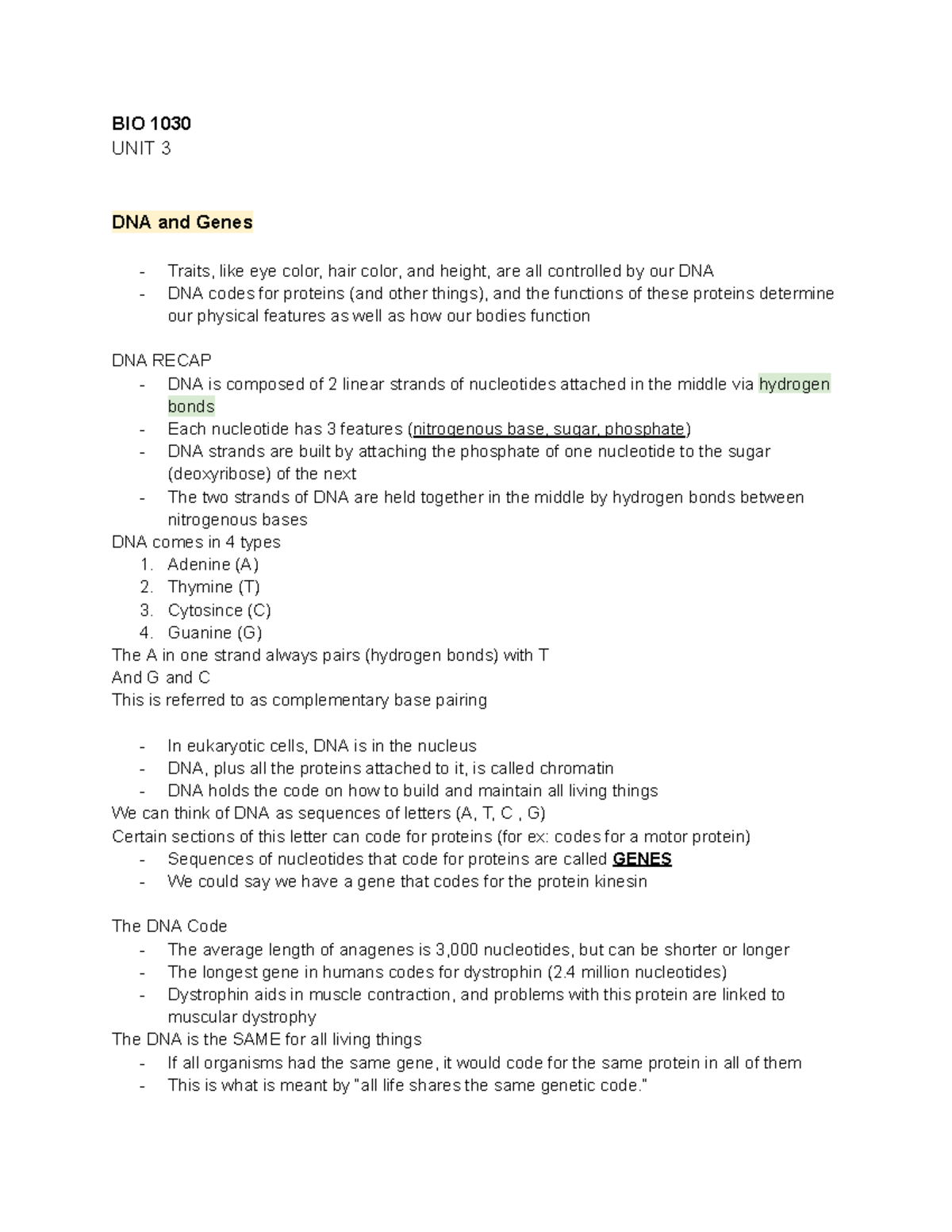 BIO 1030: Notes on Cell Division, DNA Replication & Gene Regulation ...