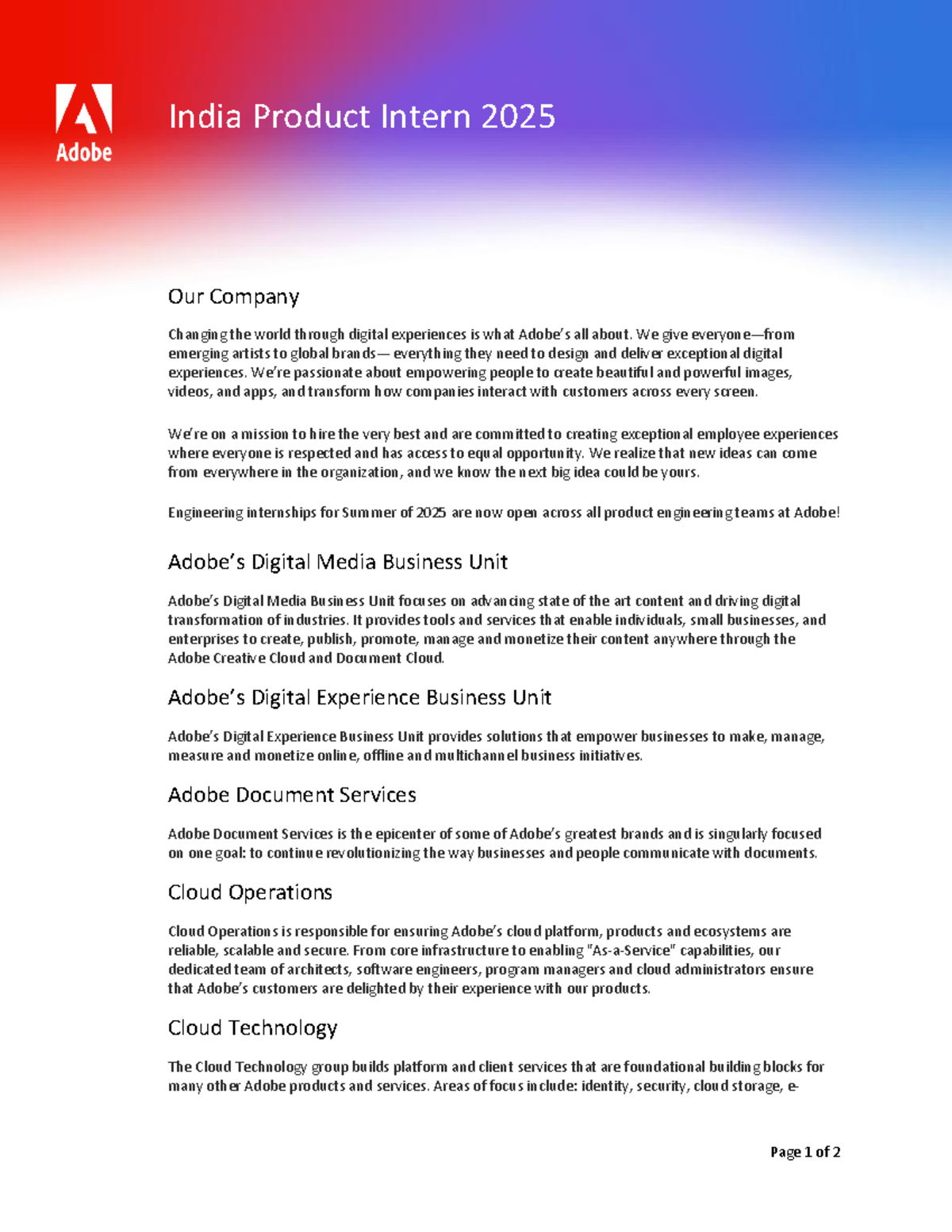 Adobe Product Intern 2025 - Page 1 of 2 Our Company Changing the world ...