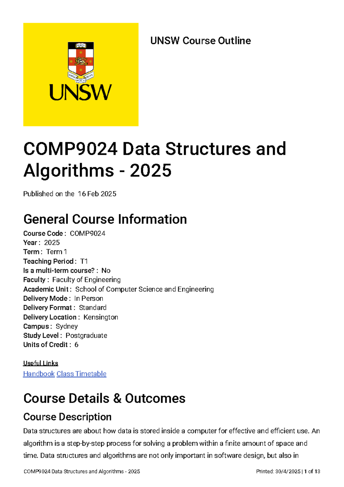 COMP9024 Data Structures and Algorithms Course Outline - Term 1 2025 - Studocu