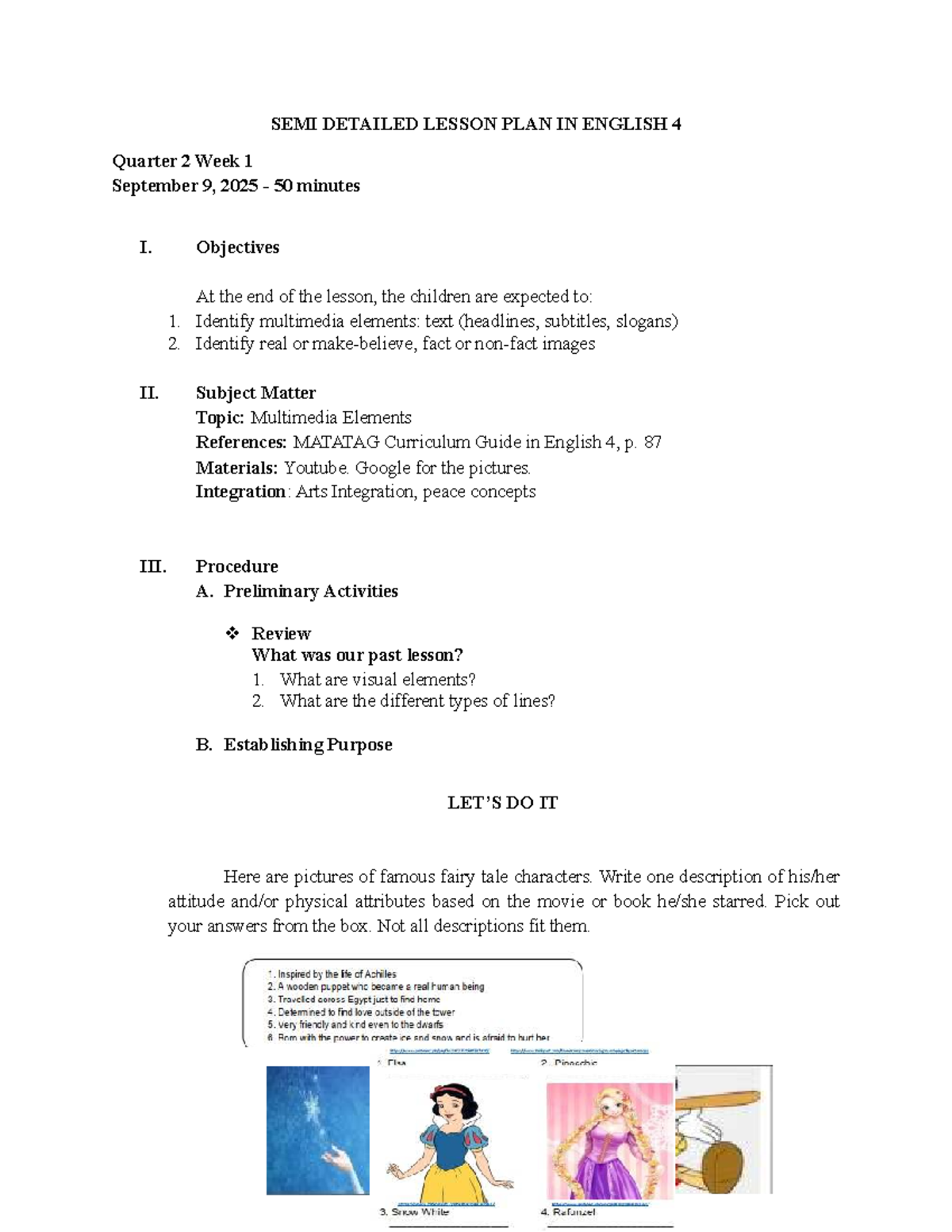 SEMI DETAILED LESSON PLAN IN ENGLISH 4 Q2W1: Multimedia Elements - Studocu