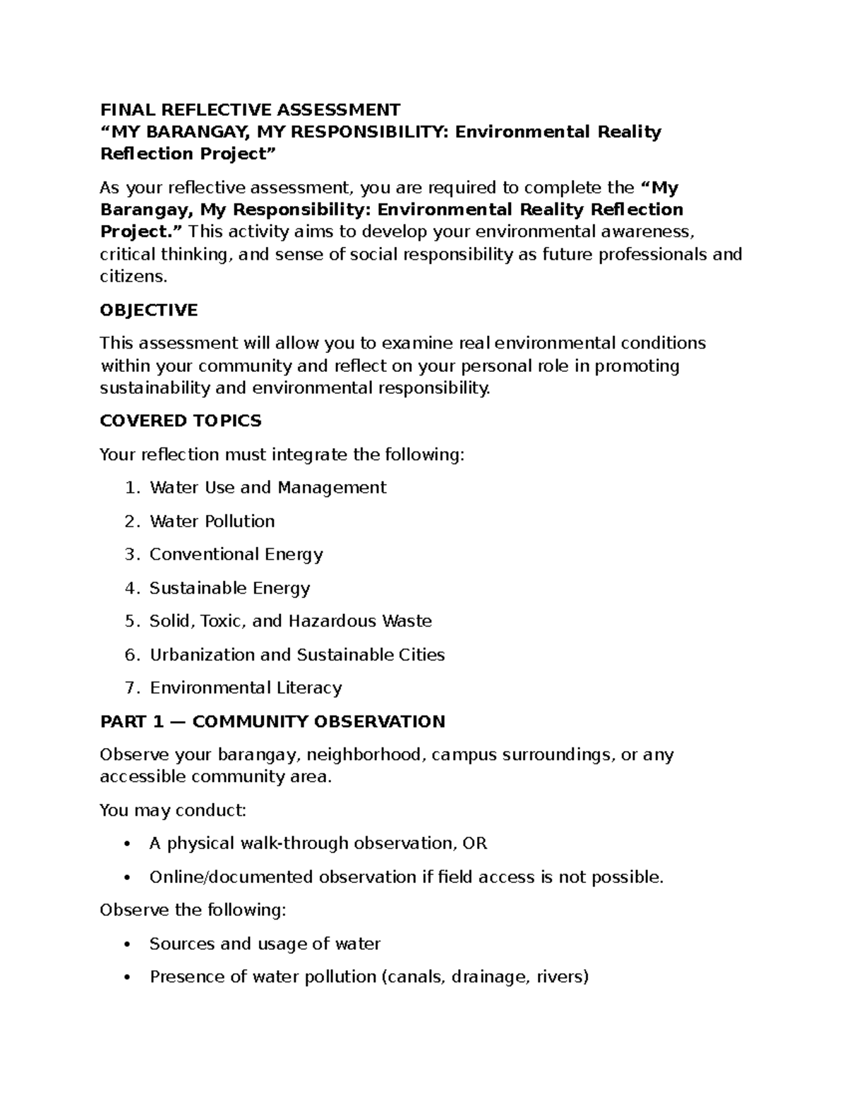 FINAL REFLECTIVE ASSESSMENT: Barangay Environmental Reality Reflection ...
