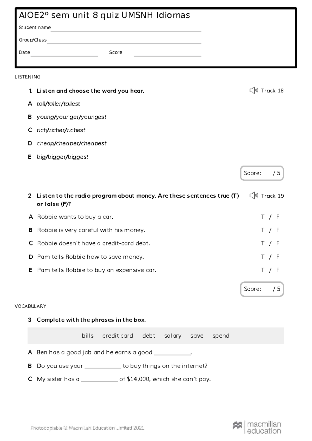 AIOE2º Sem Unit 8 Quiz - Listening & Vocabulary Exercises - Studocu