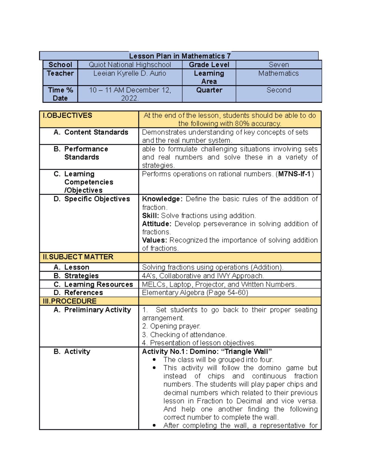 Mathematics 7 Detailed Lesson Plan: Addition of Fractions - Studocu
