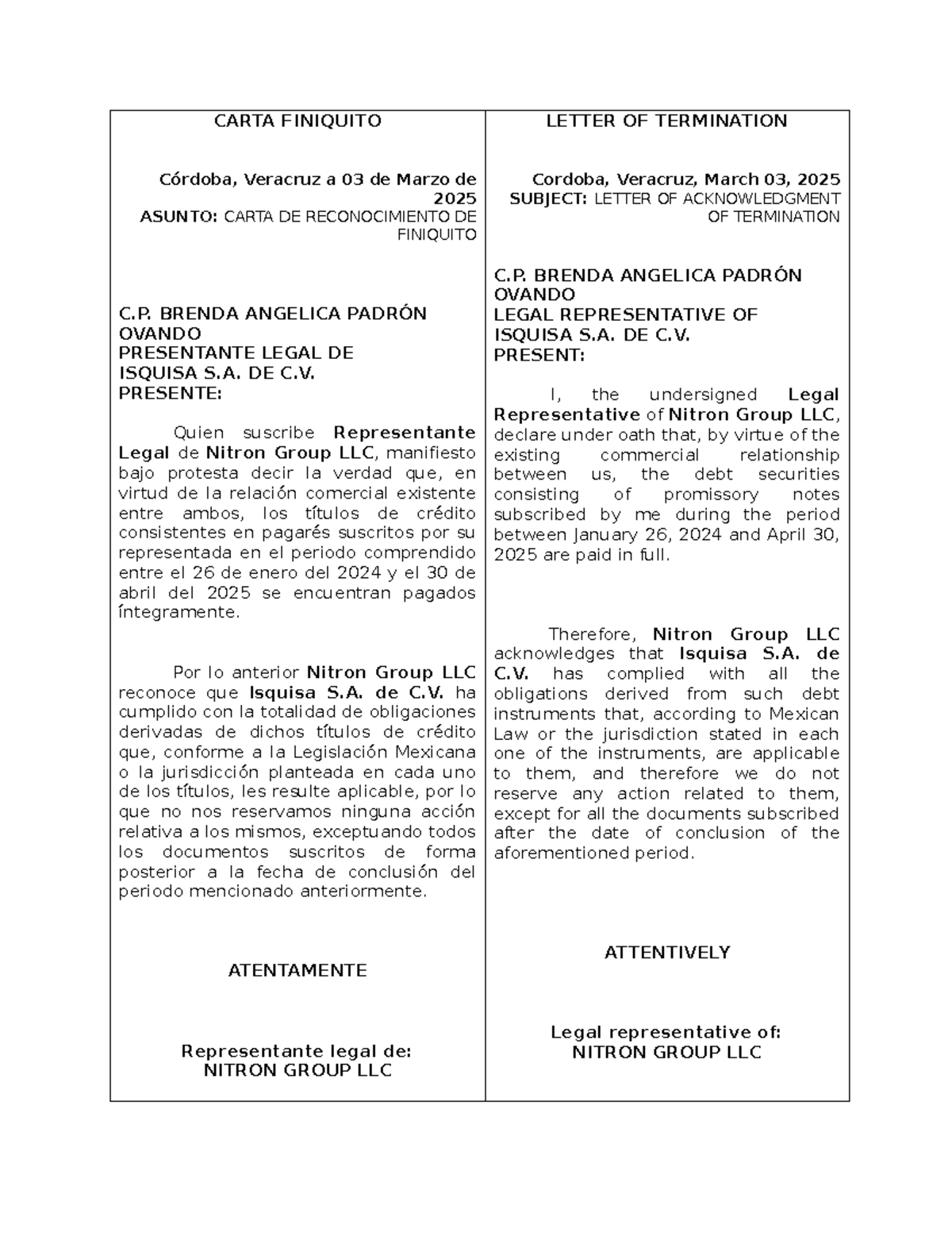 Carta Finiquito de Nitron Group LLC a Isquisa S. de C. - 2025 - Studocu