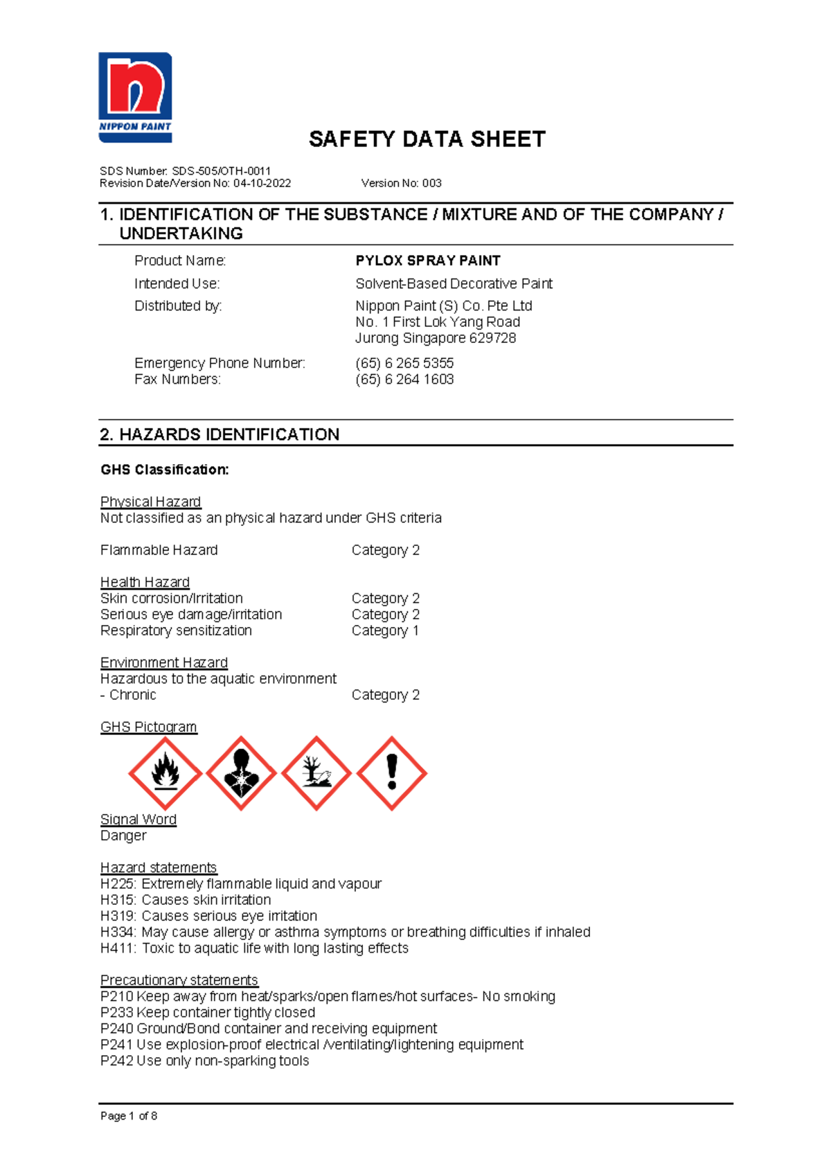OTH-0011 Safety Data Sheet for Pylox Spray Paint (SDS) - Studocu
