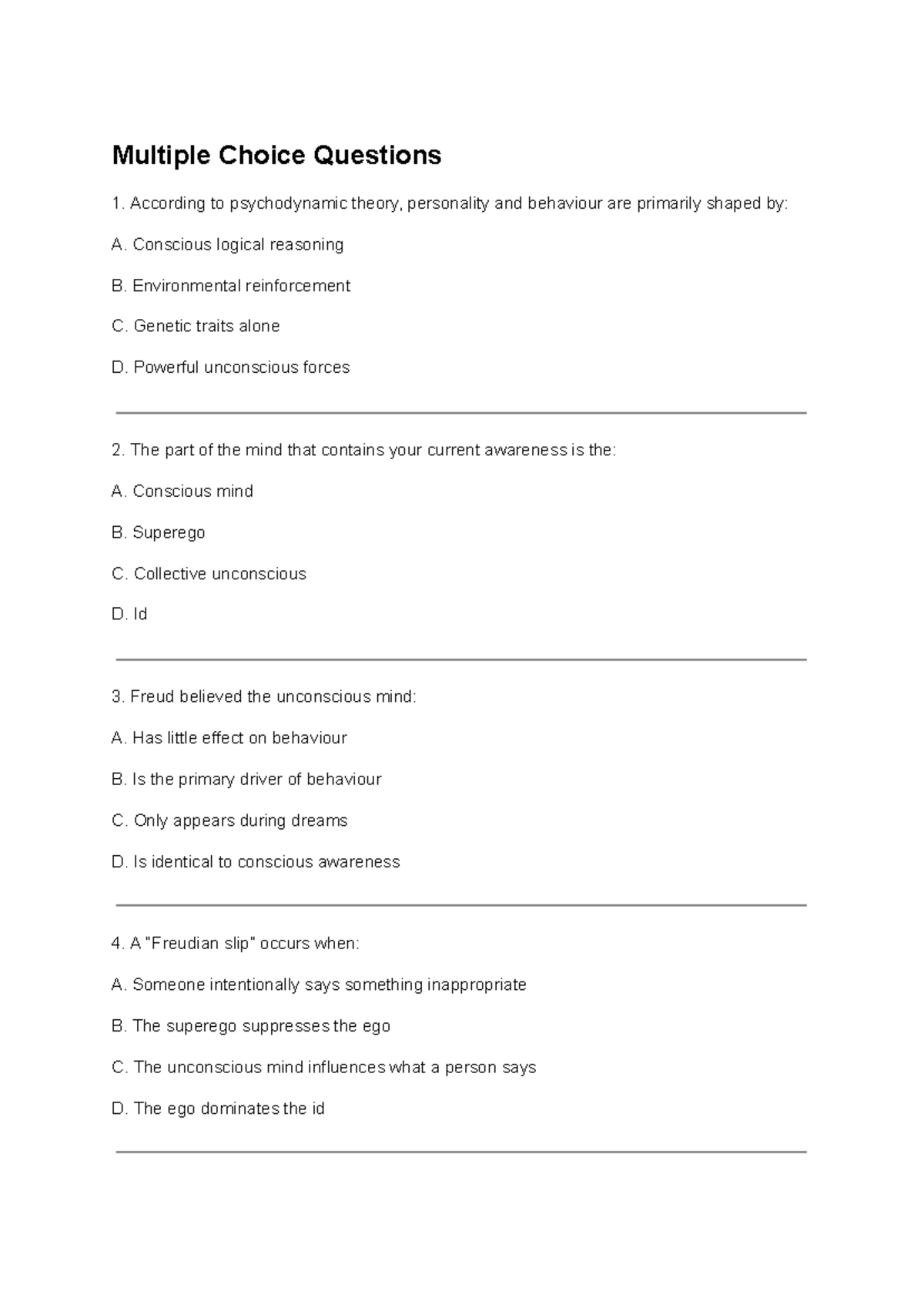 MCQ Review for Test 5: Psychodynamic Theory and Personality - Studocu