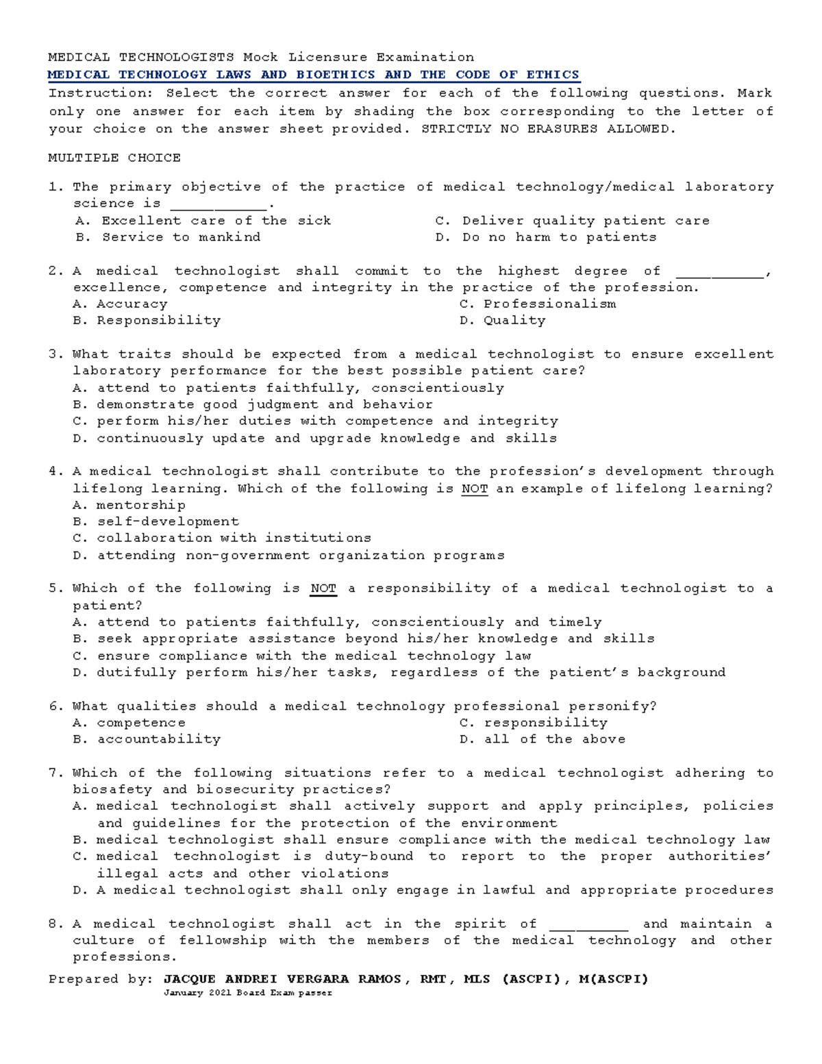 MEDTECH 101: Preboards Part 2 - Practice Questions on Laws and Ethics ...