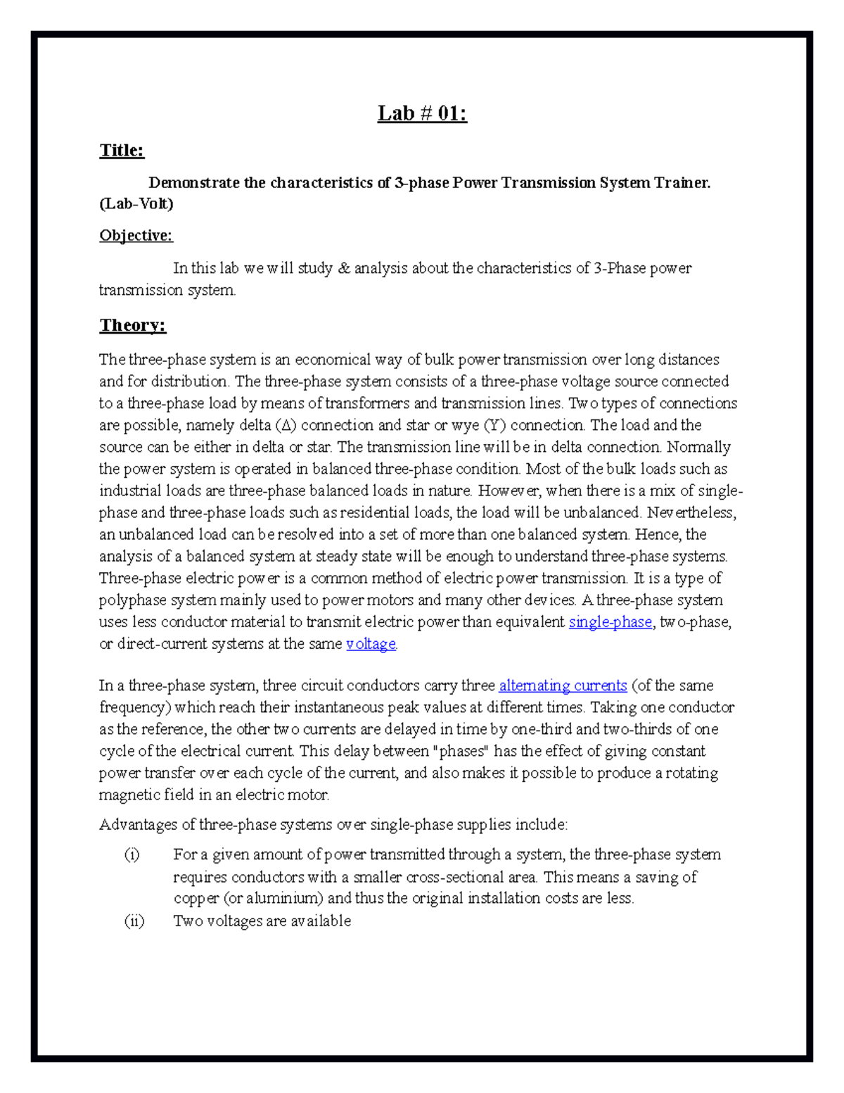 Report of Electrical Power Transmission - Lab # 01: Title: Demonstrate ...