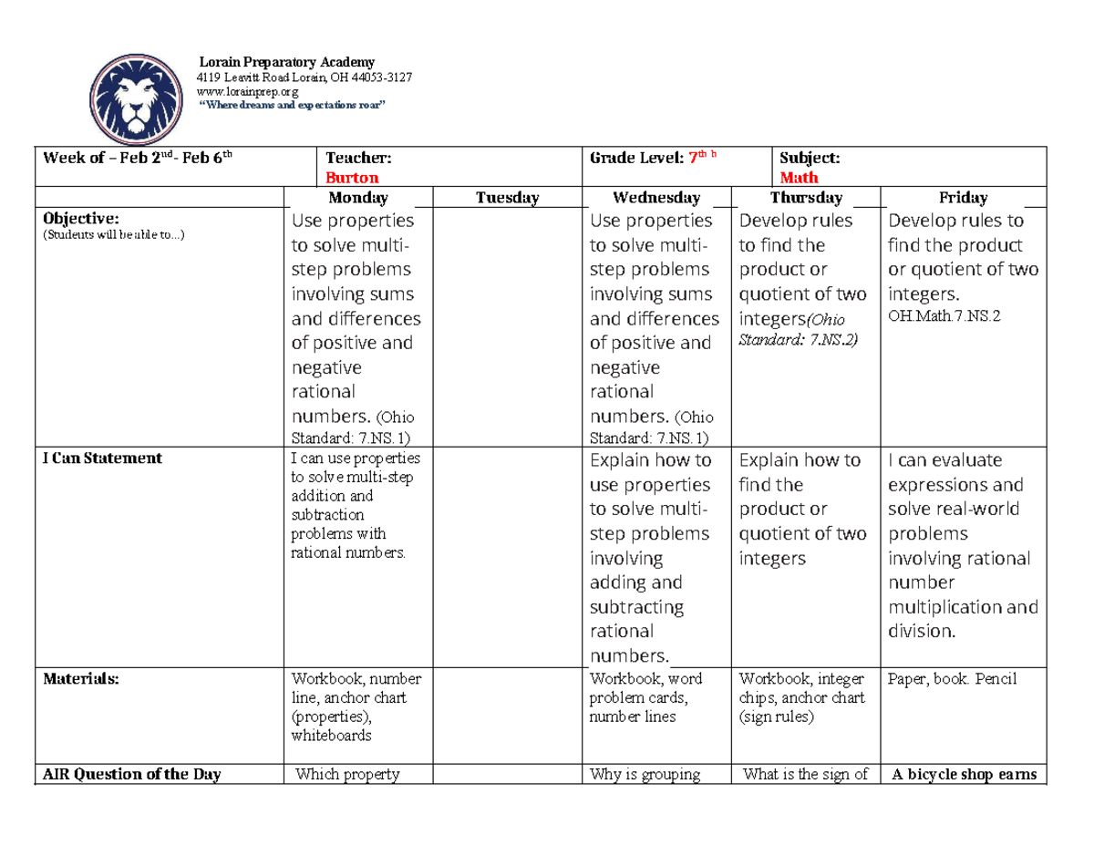 7th Grade Math Lesson Plans: Rational Numbers & Properties - Studocu