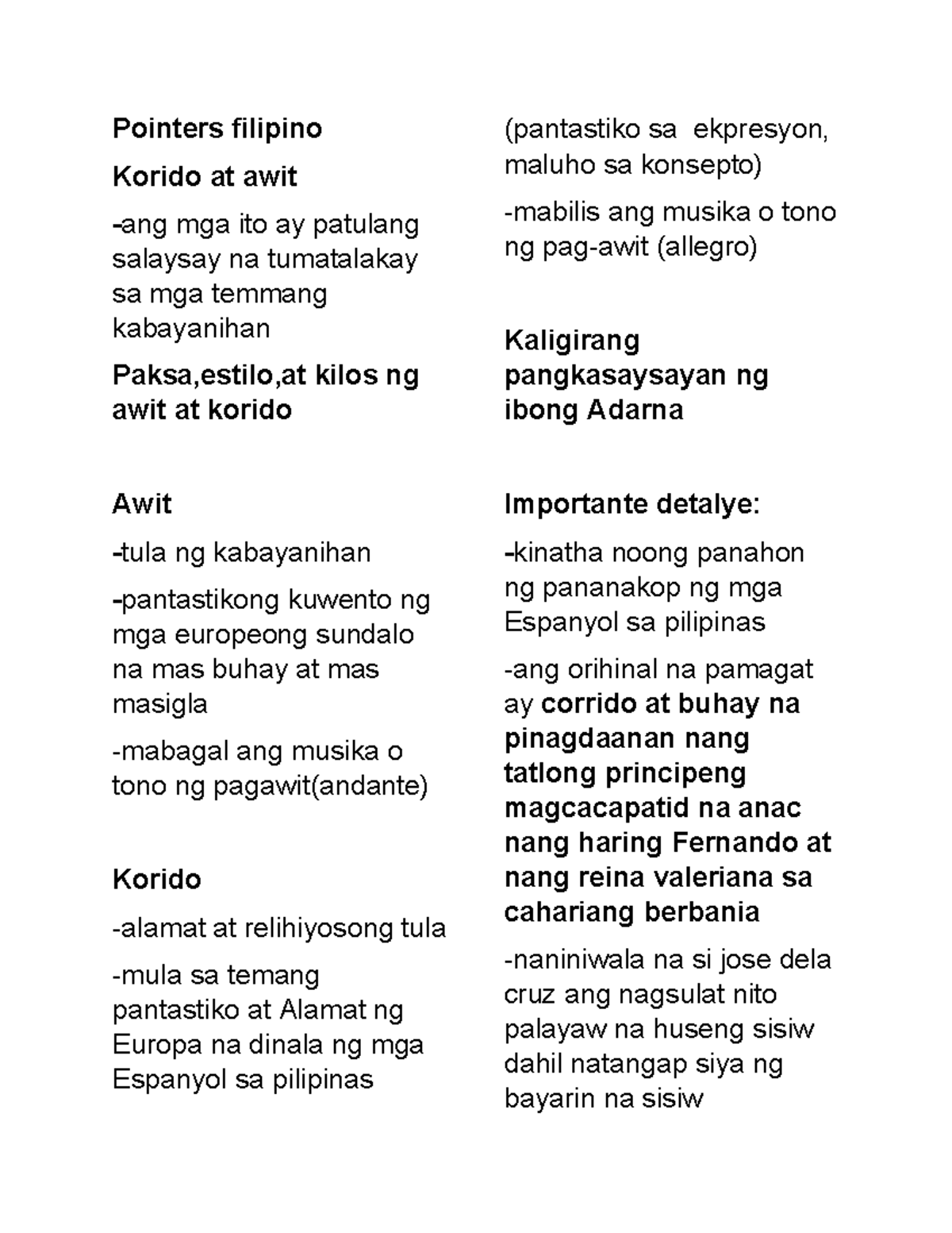 Pointers for Filipino Literature: Korido and Awit Analysis - Studocu