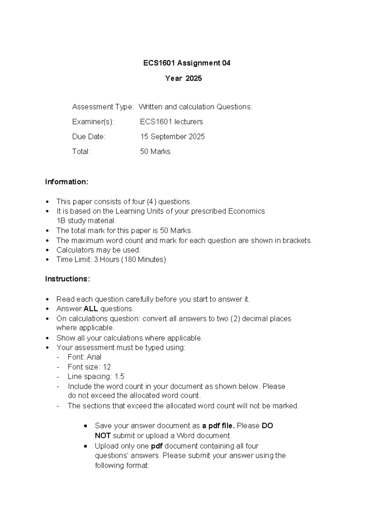 Assessment 04 ECS1601 Year 2025: Written & Calculation Questions - Studocu