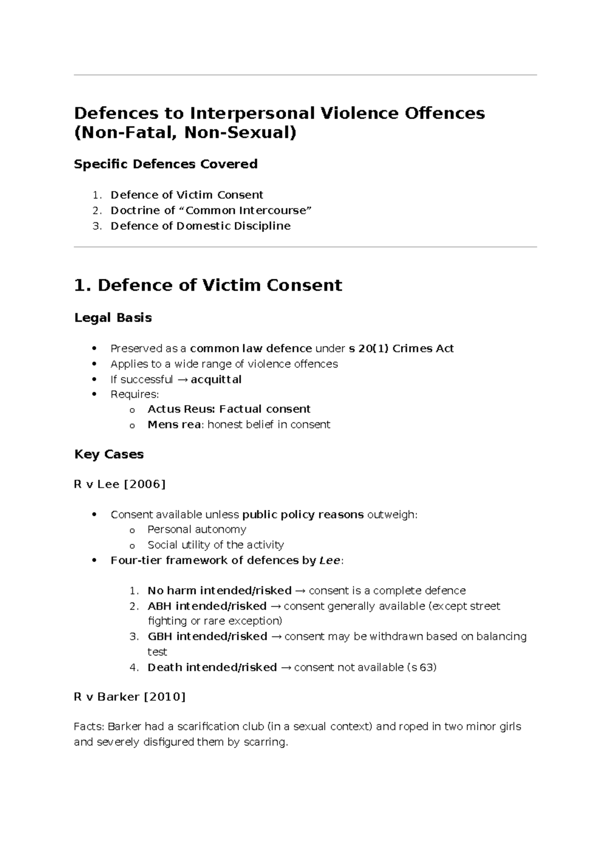 2.5 - Defences to Interpersonal Violence (IPV) Lecture Notes - Studocu