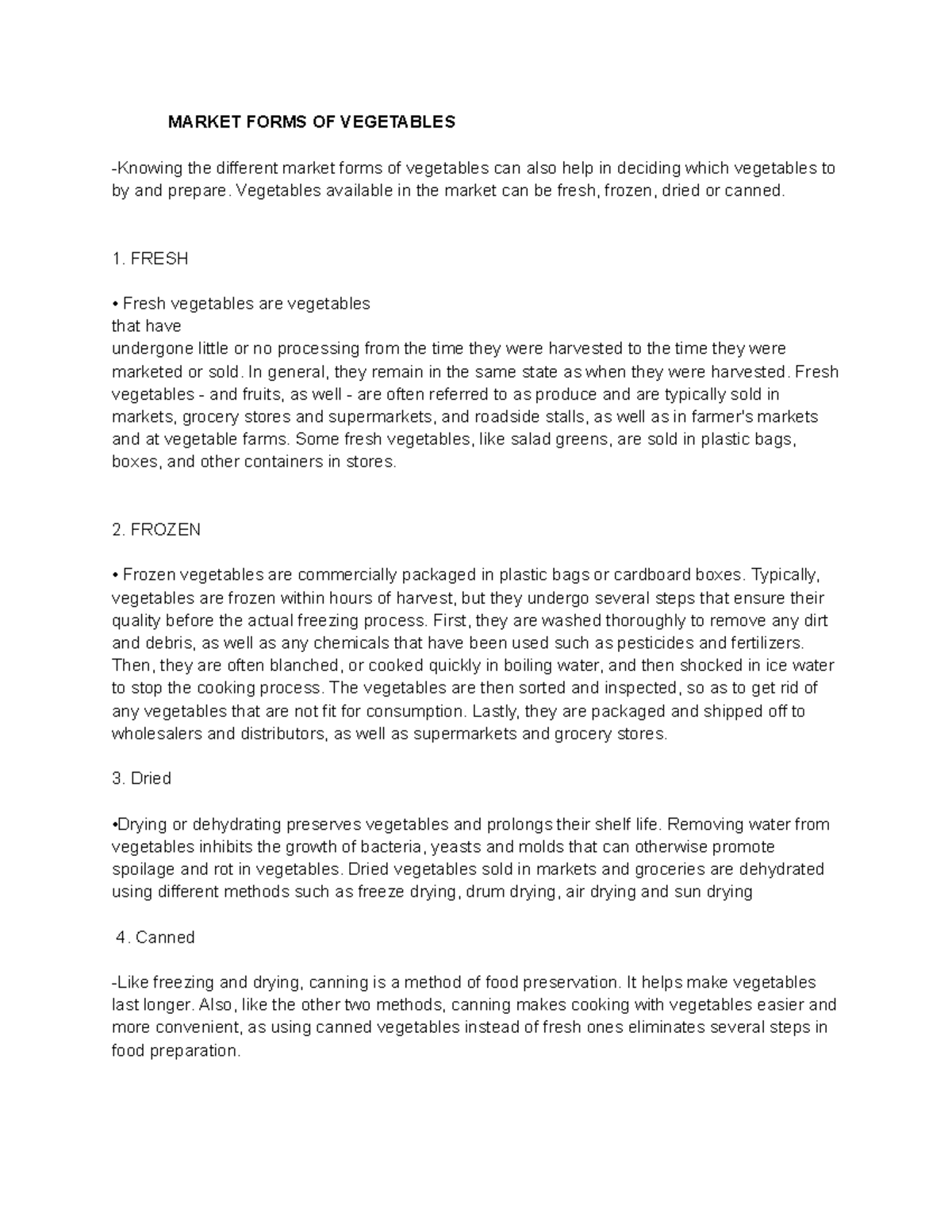 Market Forms of Vegetables: Fresh, Frozen, Dried & Canned Options - Studocu