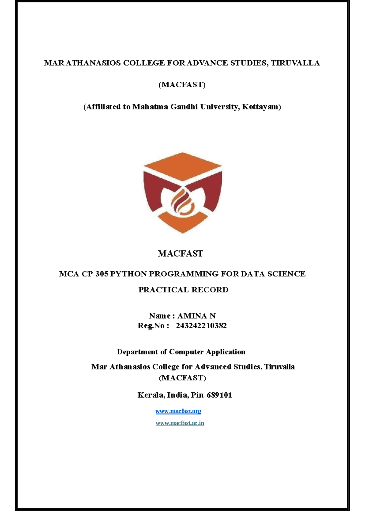 MACFAST MCA CP 305 Python Programming for Data Science Practical Record ...