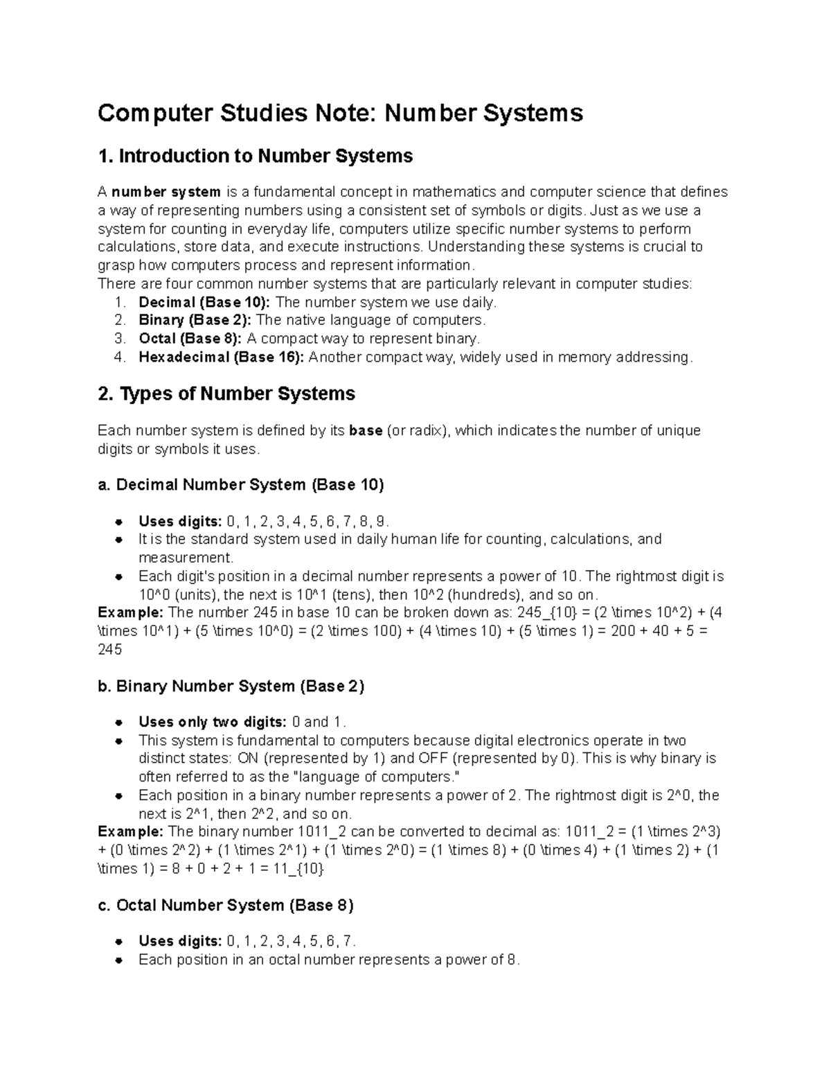 SS2 Computer Studies – Number Systems Overview and Conversions - Studocu