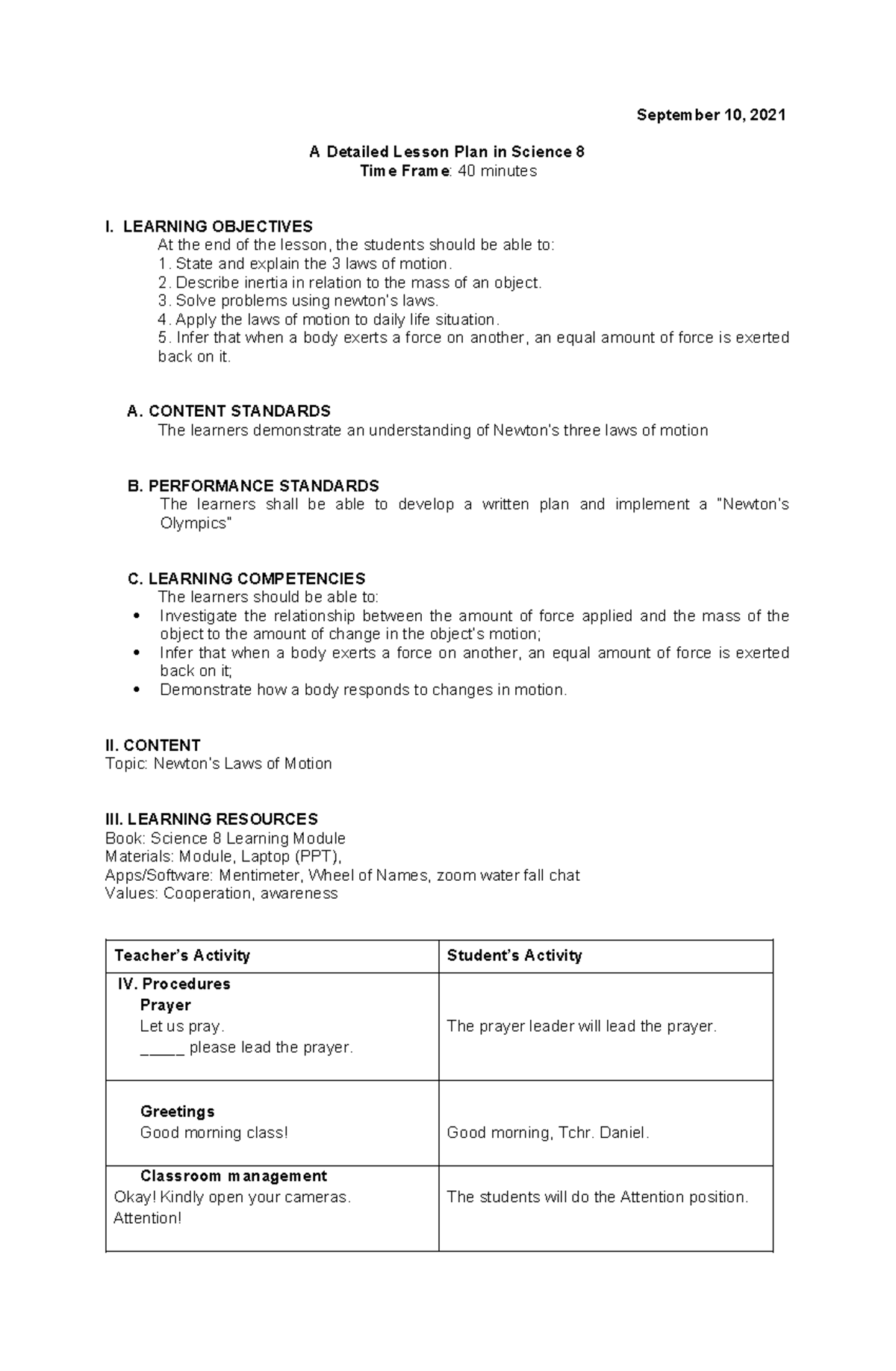 3 Laws of Motion Lesson Plan for Science 8 Course Code - Studocu