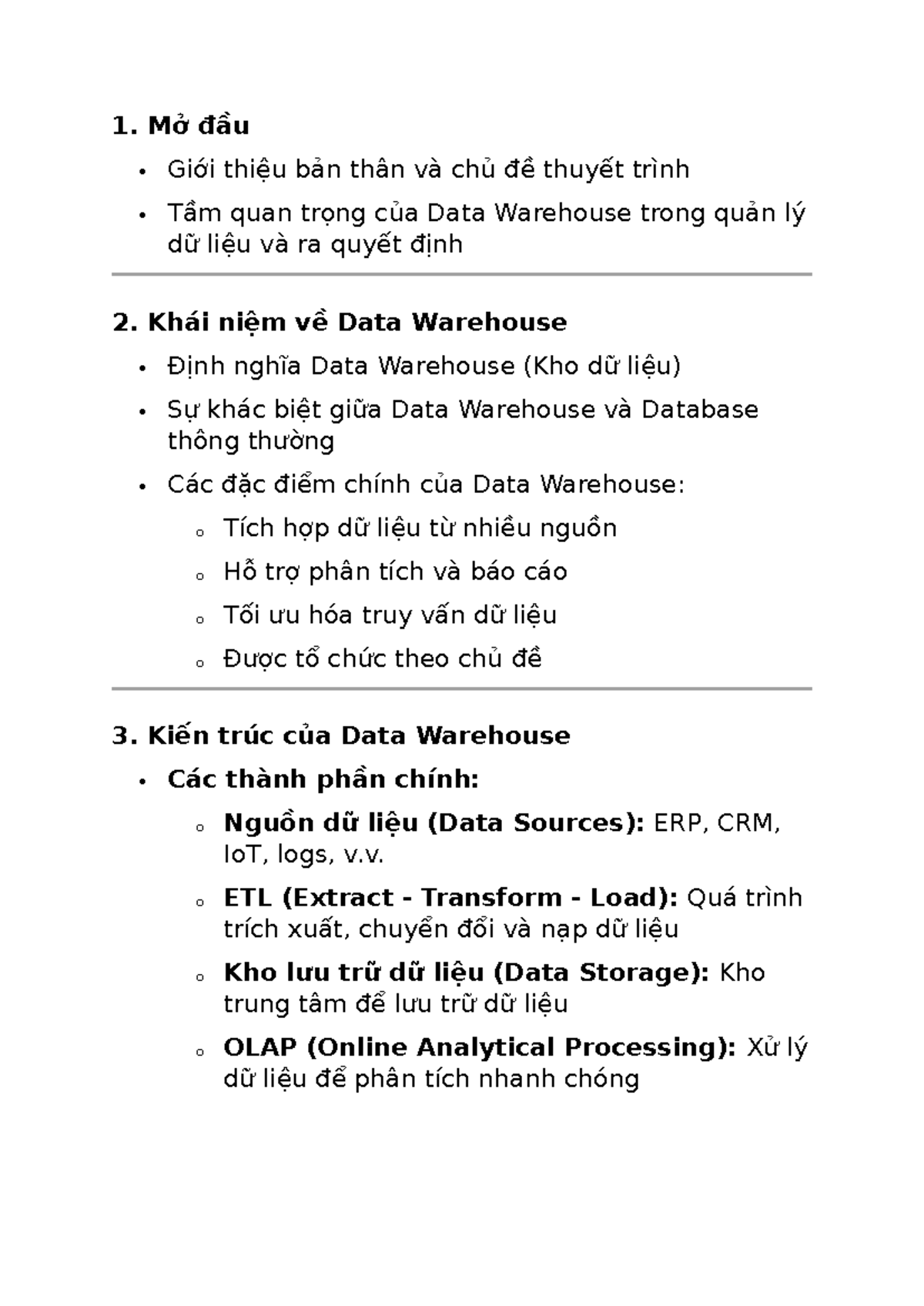 Dàn ý thuyết trình về Tầm quan trọng của Data Warehouse - Studocu