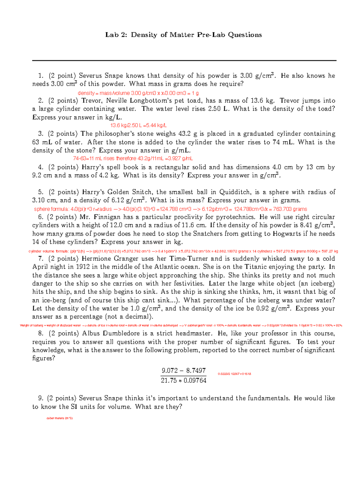 Lab 2: Density of Matter Questions and Calculations - Studocu