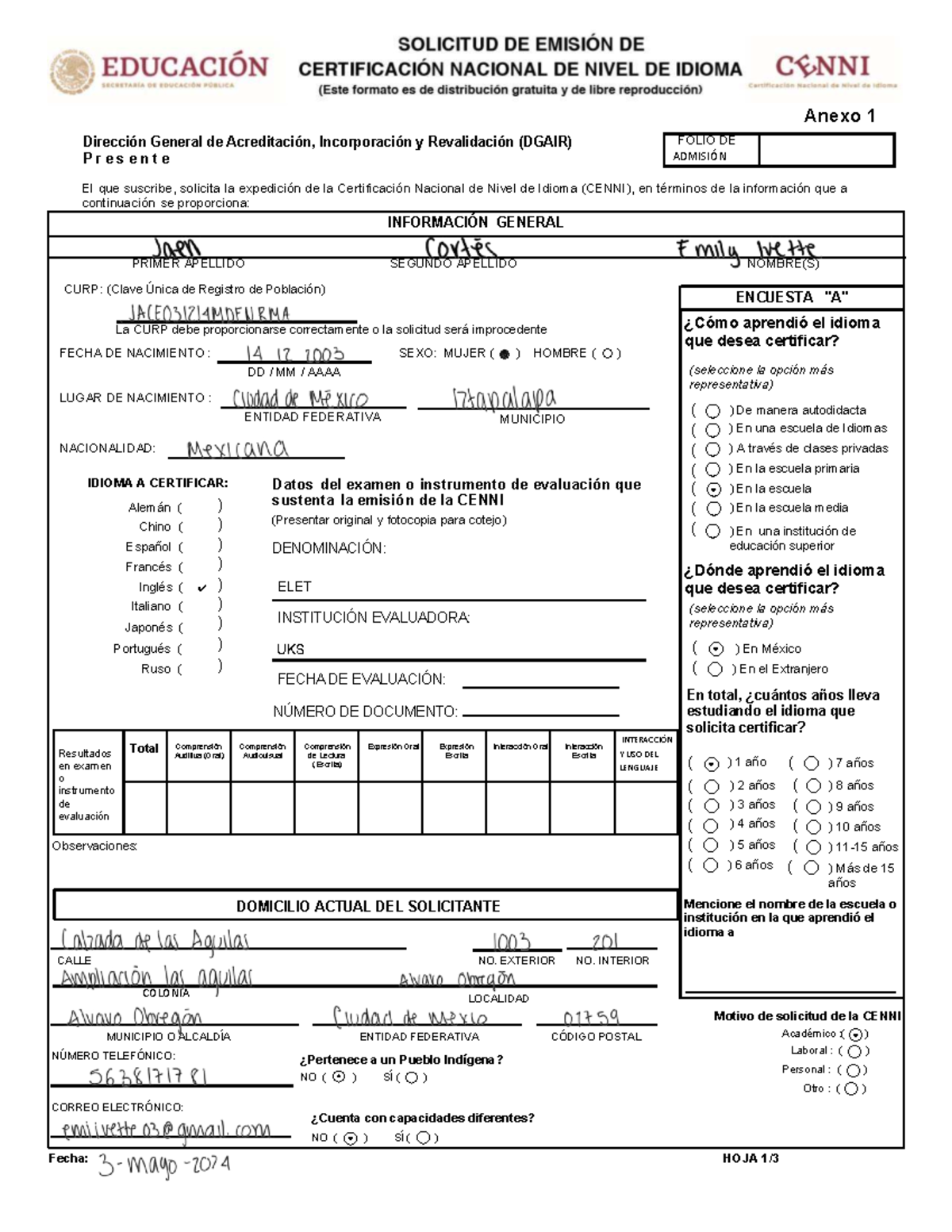 El JC - Dyft - CERTIFICACIÓN NACIONAL DE NIVEL DE IDIOMA (Este formato ...