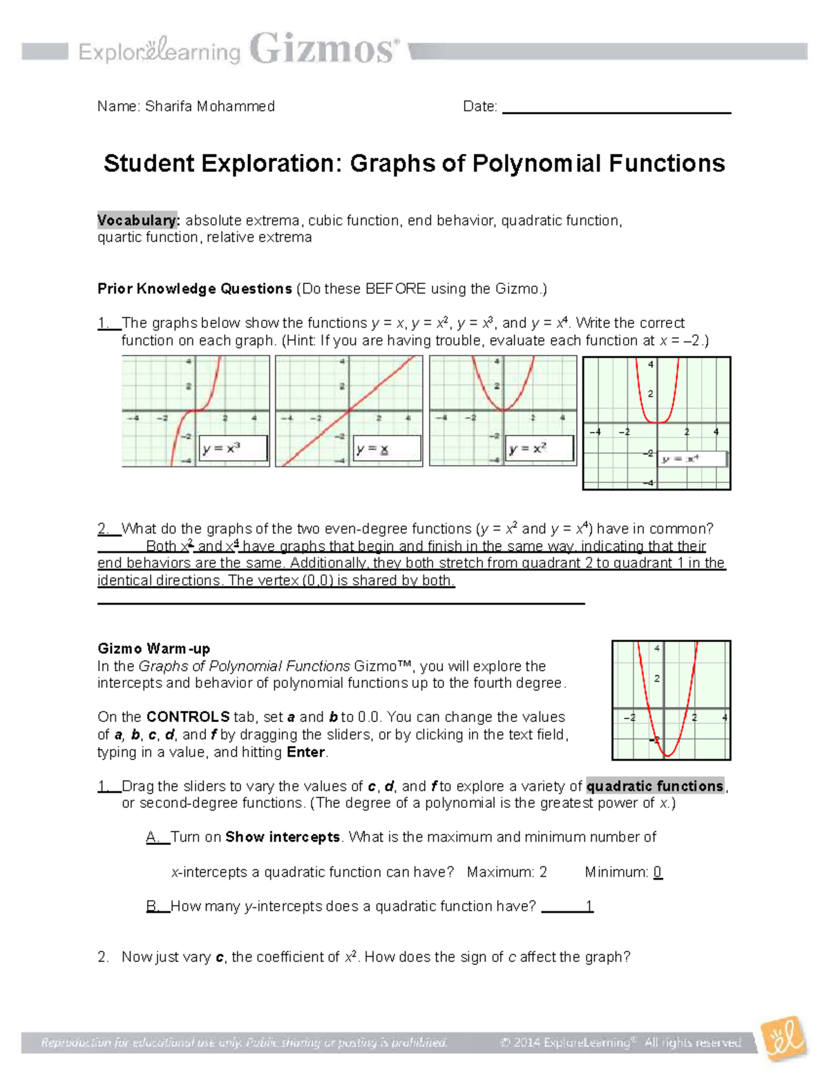 MHF4U-Unit1-Graphs of Polynomial Functions Student Exploration - Studocu