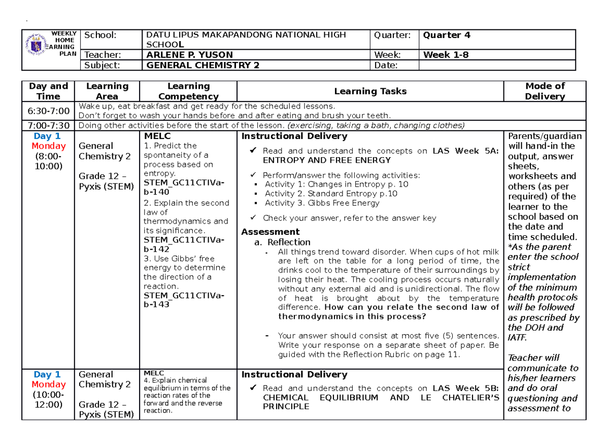 Weekly Home Learning Plan in General Chemistry 2 Q4 - ‘ WEEKLY HOME ...