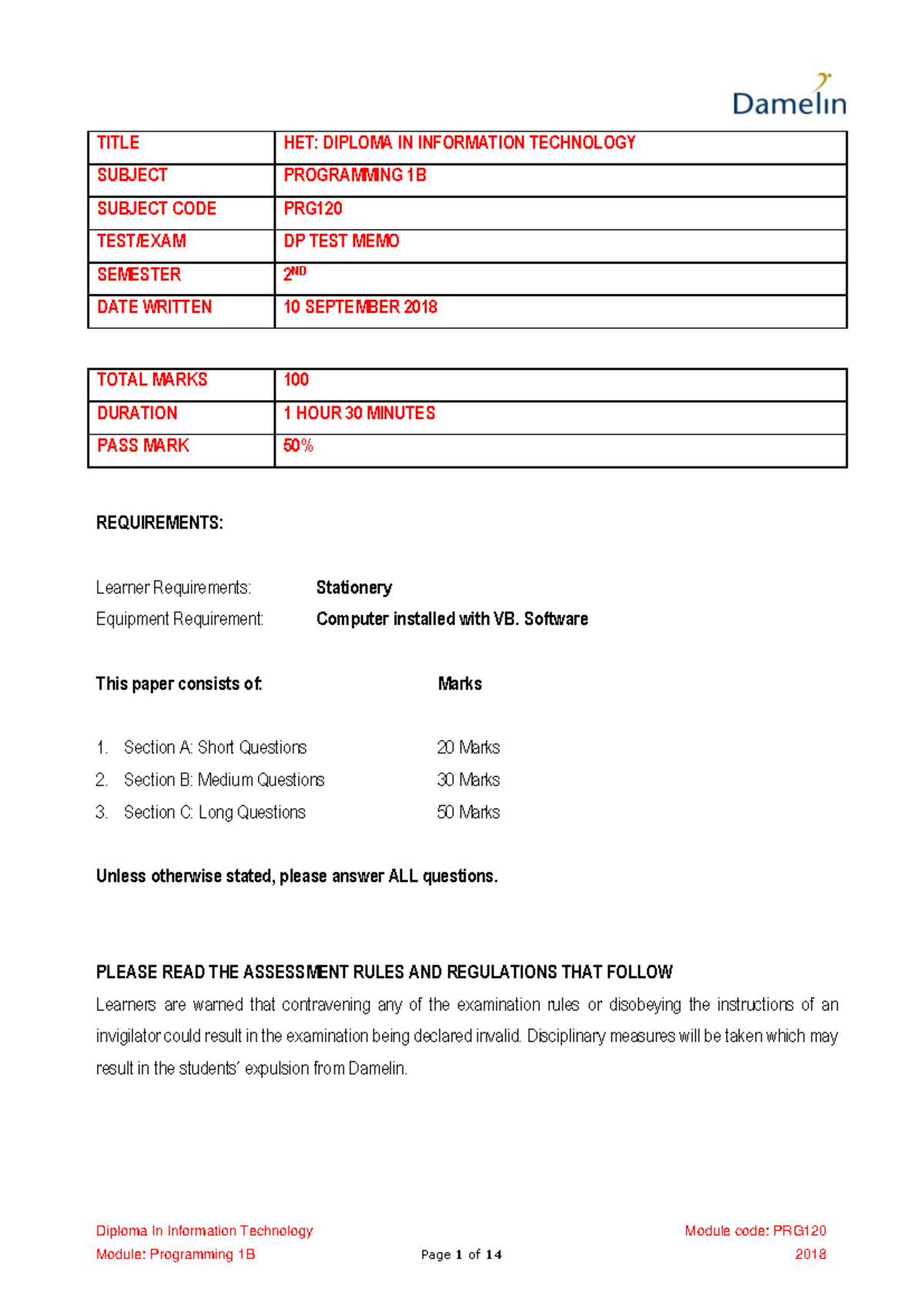 Programming 1B Test Memo - Diploma In Information Technology Module ...