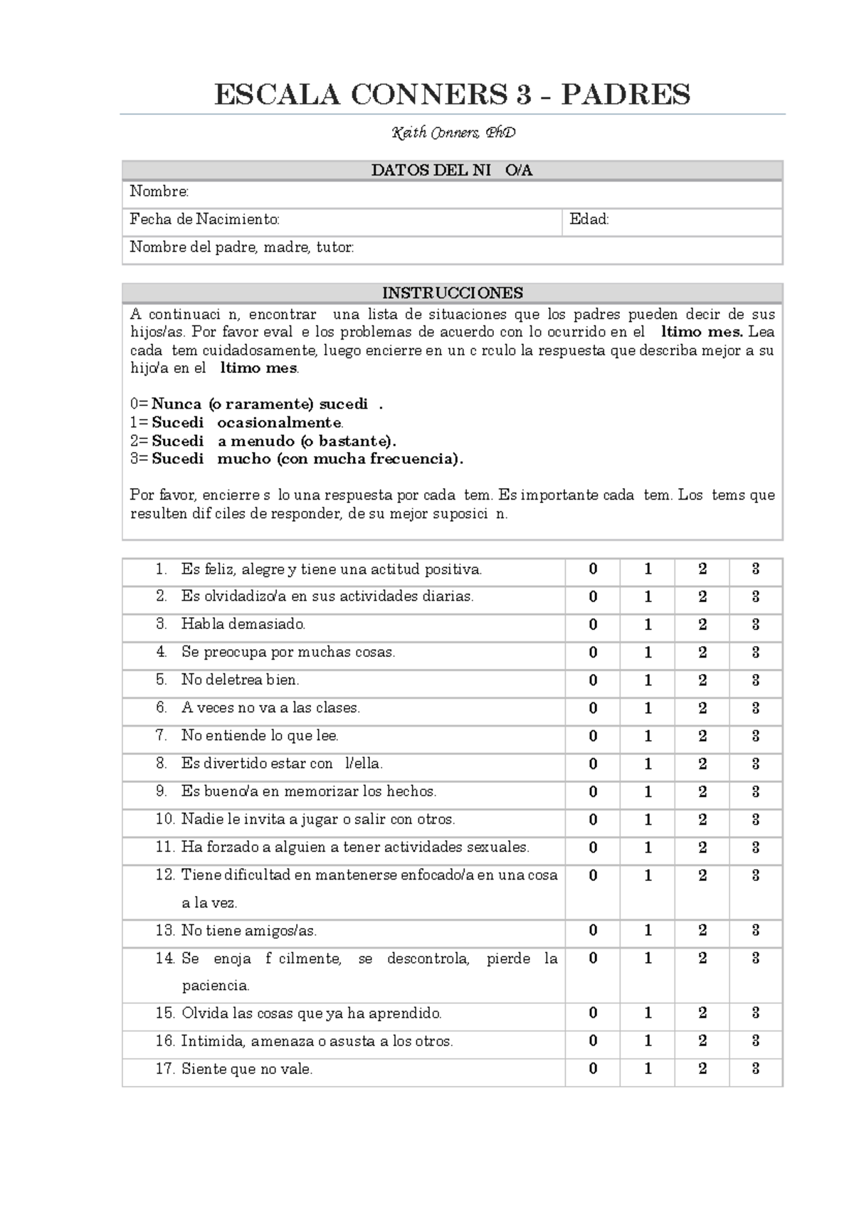 Escala Conners 3: Cuestionario para Padres sobre Comportamiento ...